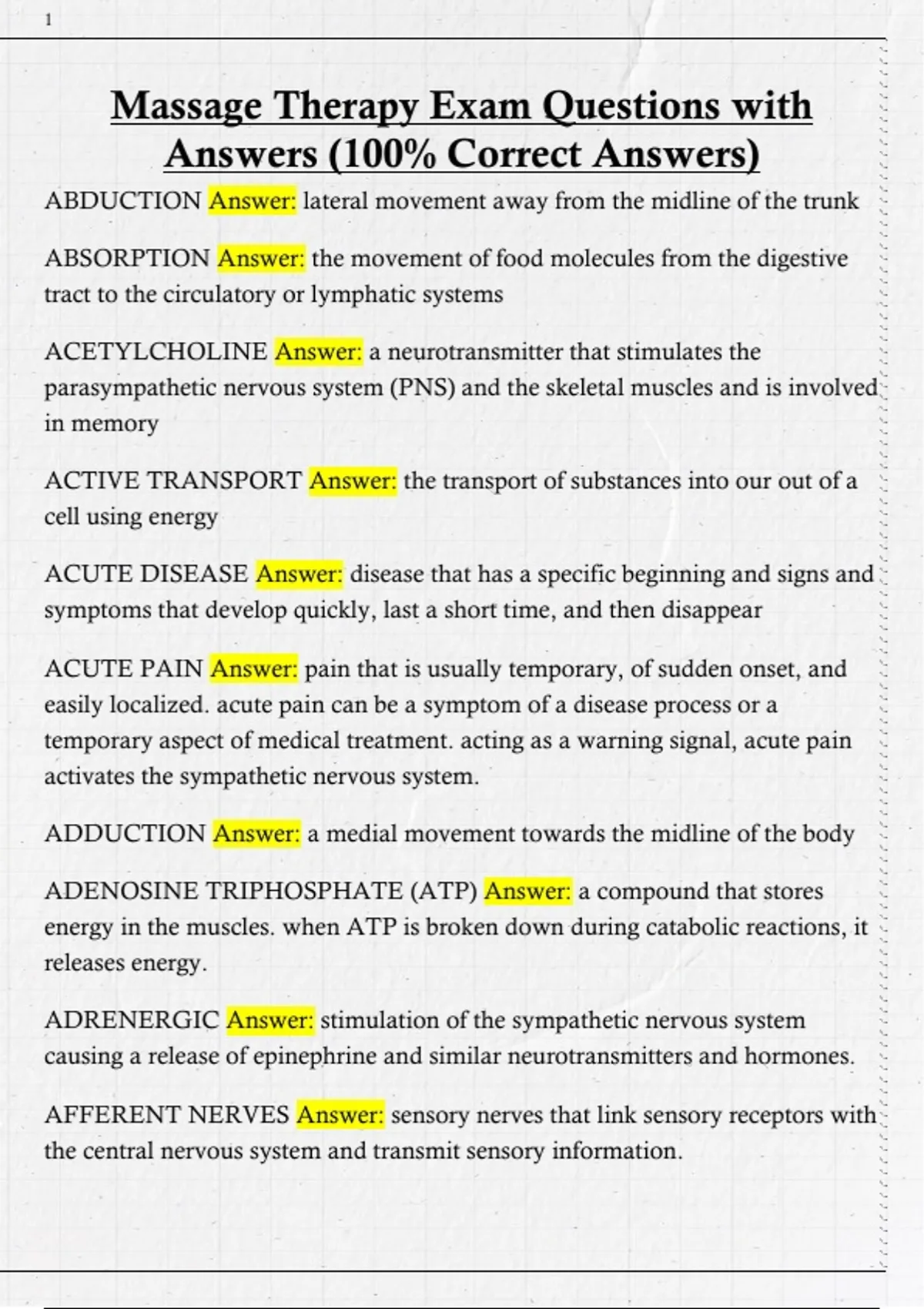 Massage Therapy Exam Questions with Answers (100% Correct Answers ...