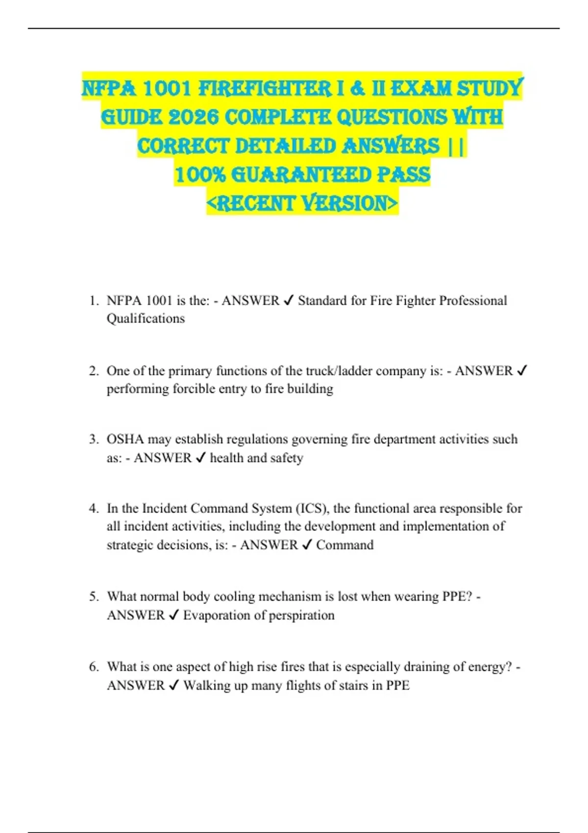 NFPA 1001 Firefighter I & II EXAM STUDY GUIDE 2026 COMPLETE QUESTIONS ...