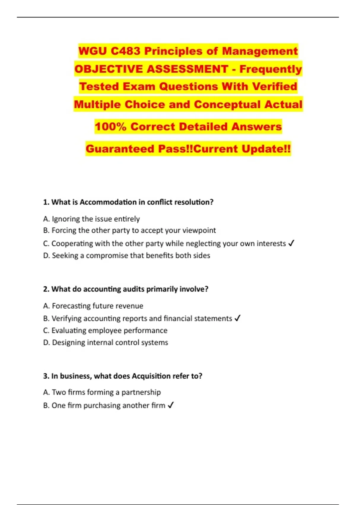 WGU C483 Principles of Management OBJECTIVE ASSESSMENT - Frequently ...