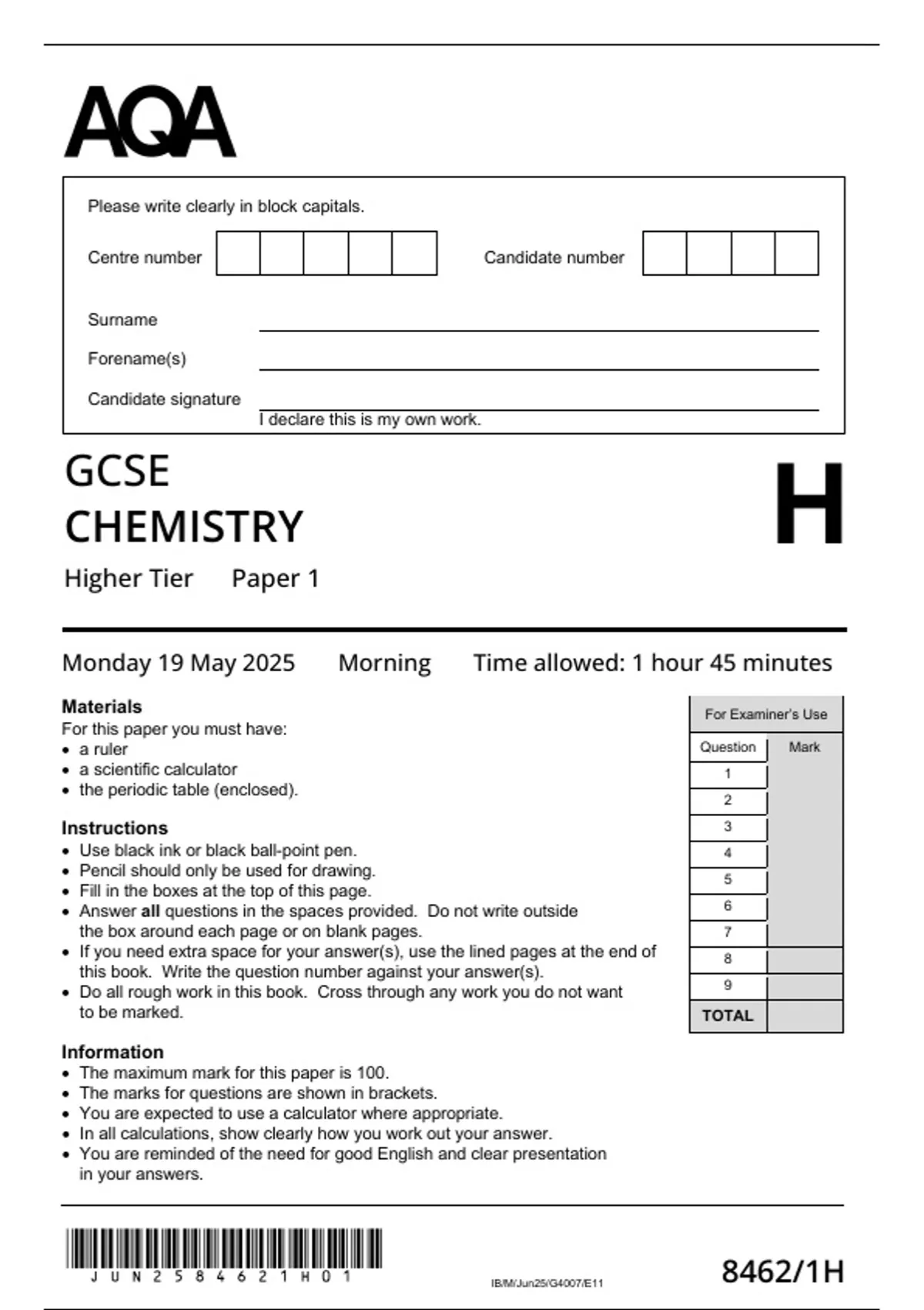 AQA GCSE Chemistry Higher Tier Paper 1 (8462-1H)– 2025 Exam – Complete ...