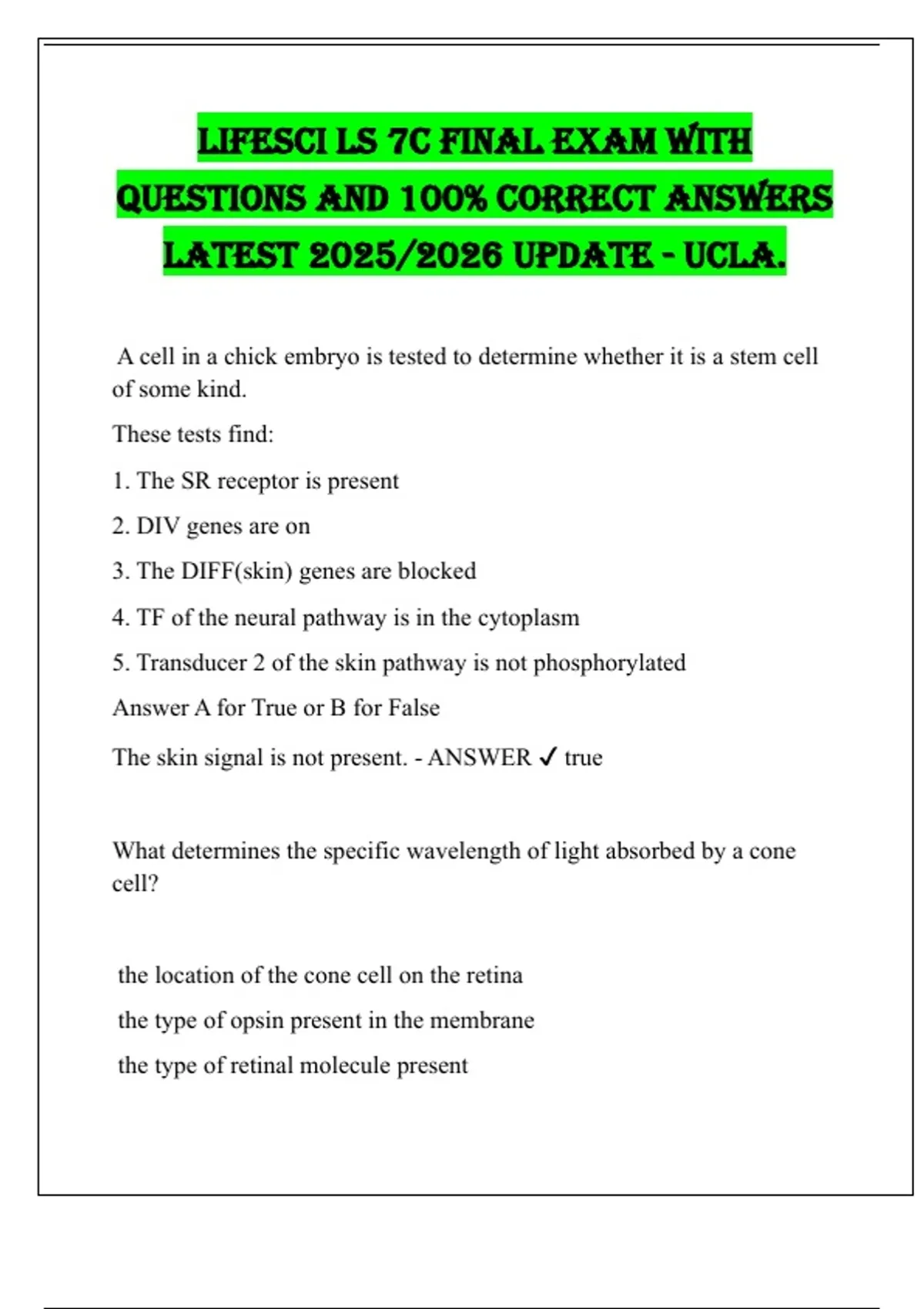 LIFESCI LS 7C Final Exam with Questions and 100% Correct Answers Latest ...