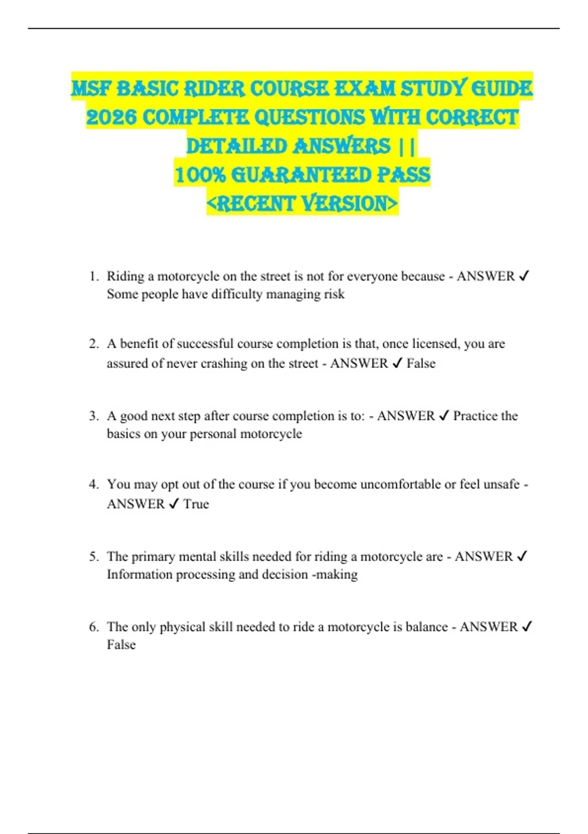 MSF Basic Rider Course EXAM STUDY GUIDE 2026 COMPLETE QUESTIONS WITH ...