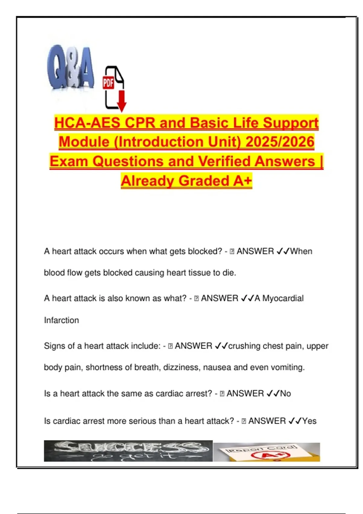 HCA CPR & Basic Life Support – Intro to BLS Unit – 2025/2026 – 35 Q&As – Cardiac Arrest, Chain ...