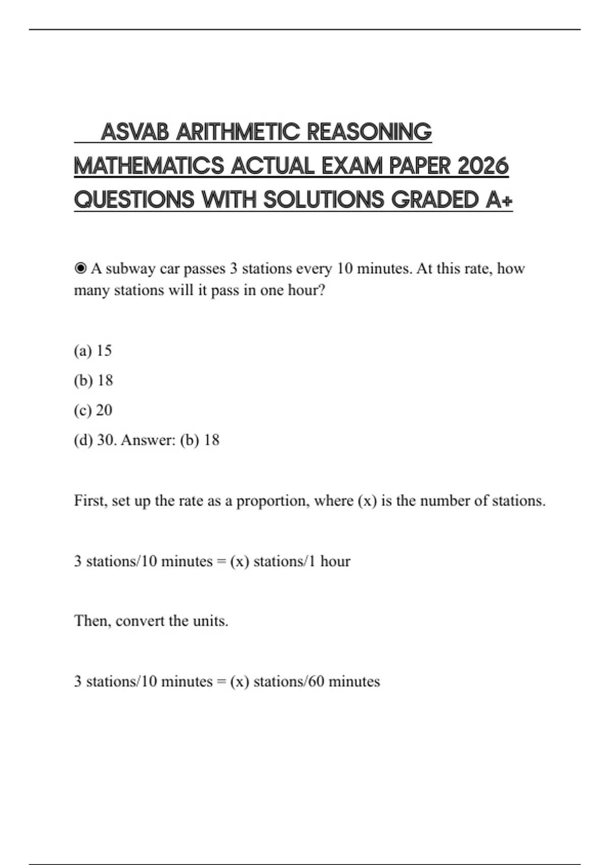 ASVAB ARITHMETIC REASONING MATHEMATICS ACTUAL EXAM PAPER 2026 QUESTIONS ...