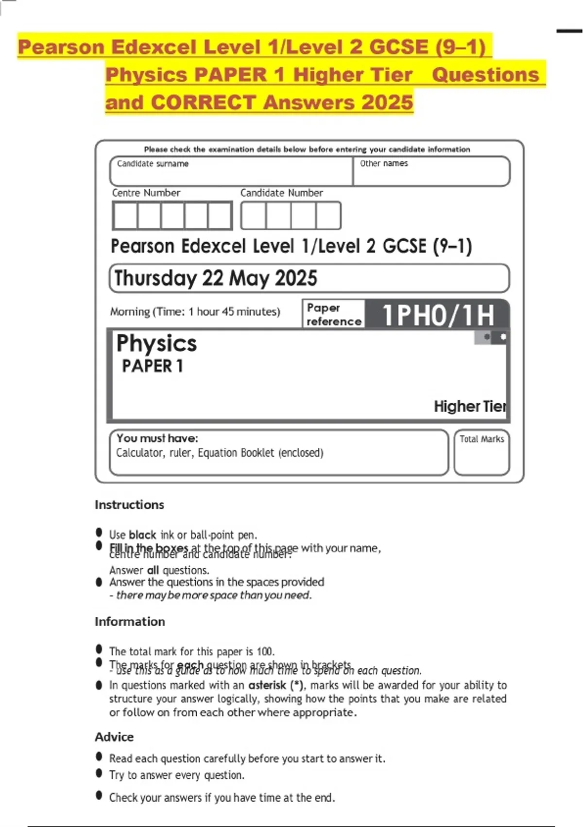 Pearson Edexcel Level 1/Level 2 GCSE (9–1) Physics PAPER 1 Higher Tier ...