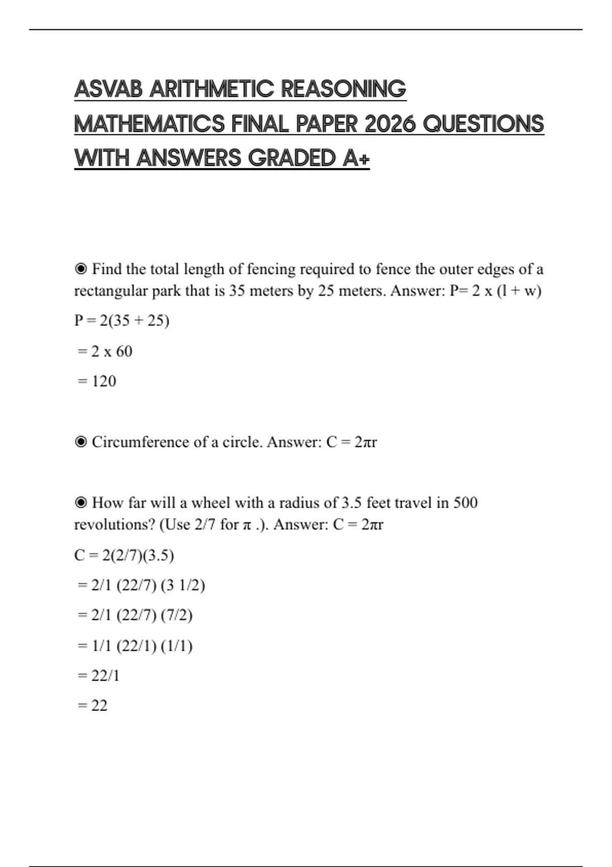 ASVAB ARITHMETIC REASONING MATHEMATICS FINAL PAPER 2026 QUESTIONS WITH ...