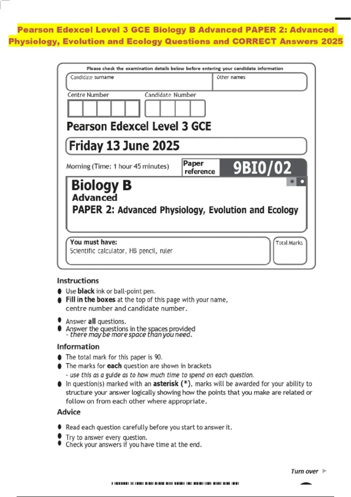 Pearson Edexcel Level 3 GCE Biology B Advanced PAPER 2: Advanced ...