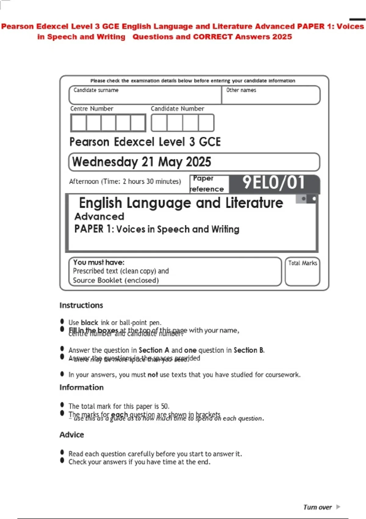 Pearson Edexcel Level 3 GCE English Language and Literature Advanced PAPER 1: Voices in Speech ...