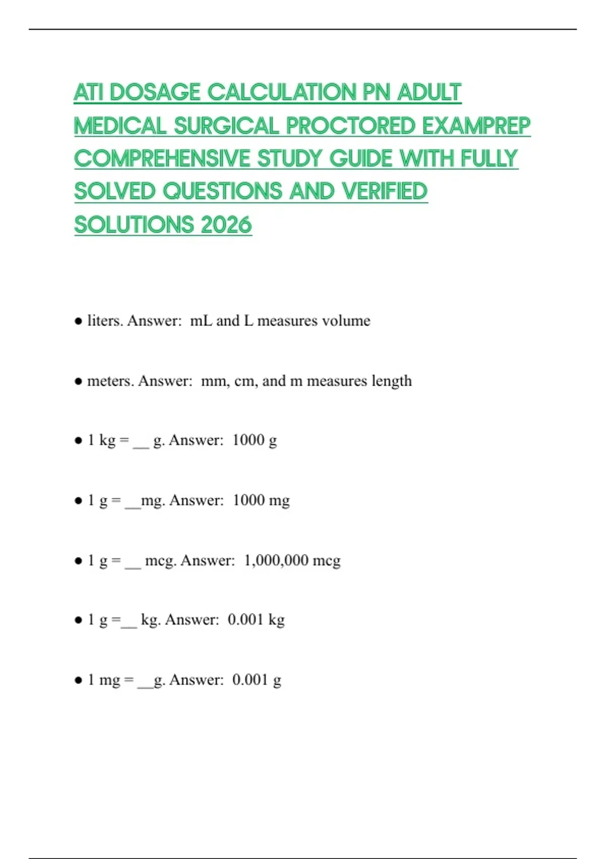 ATI DOSAGE CALCULATION PN ADULT MEDICAL SURGICAL PROCTORED EXAMPREP ...