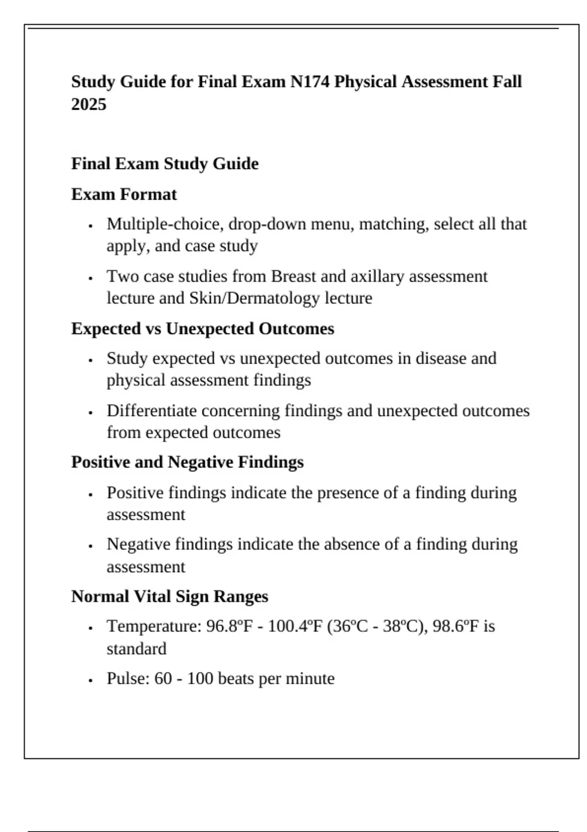 Study Guide for Final Exam N174 Physical Assessment Fall 2025 - N174 ...