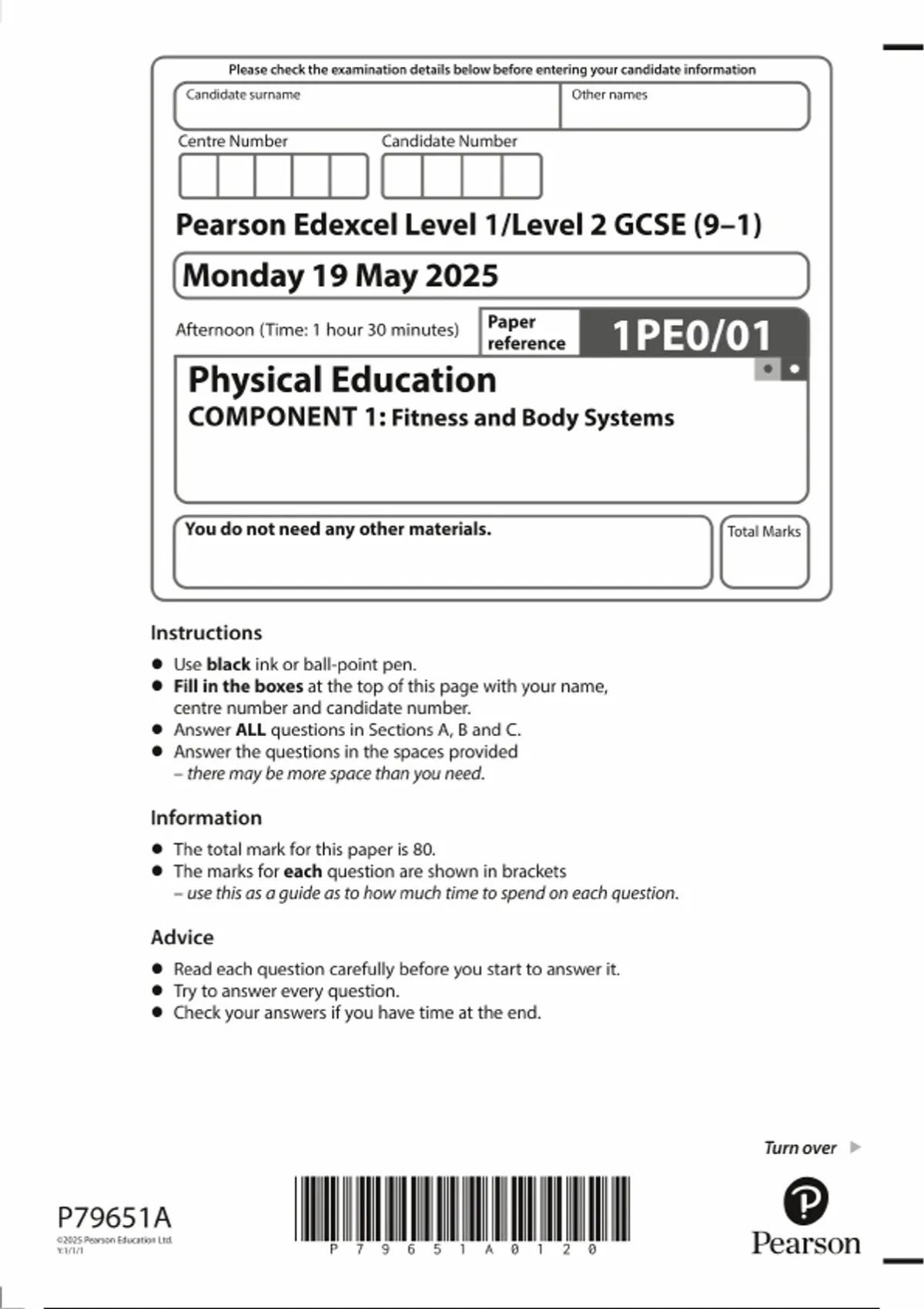 PEARSON EDEXCEL LEVEL 1/LEVEL 2 GCSE(9-1) PHYSICAL EDUCATION PAPER 1 ...