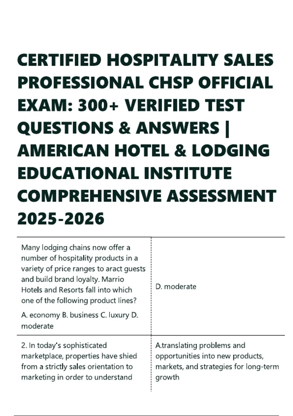 CERTIFIED HOSPITALITY SALES PROFESSIONAL CHSP OFFICIAL EXAM: 300 ...