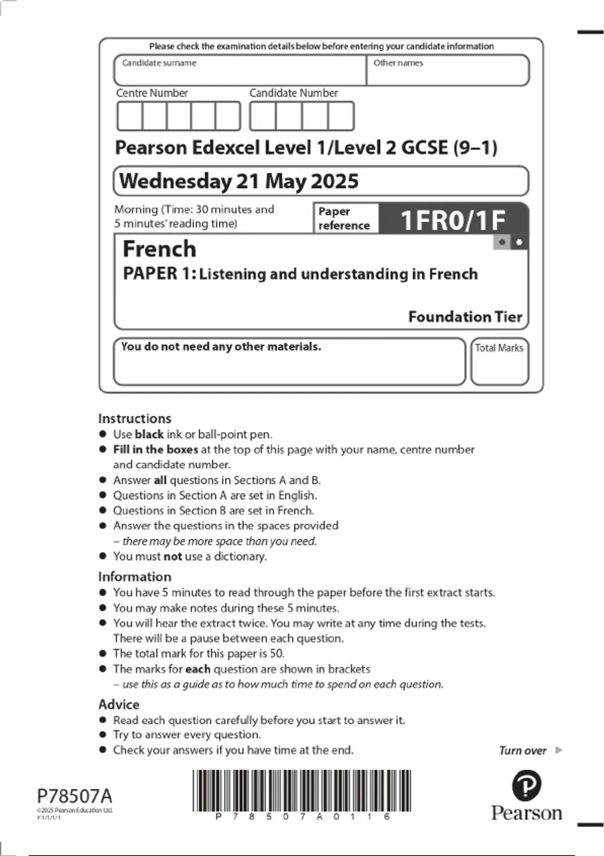 2025 Pearson Edexcel Level 1/Level 2 GCSE (9–1) French PAPER 1 ...