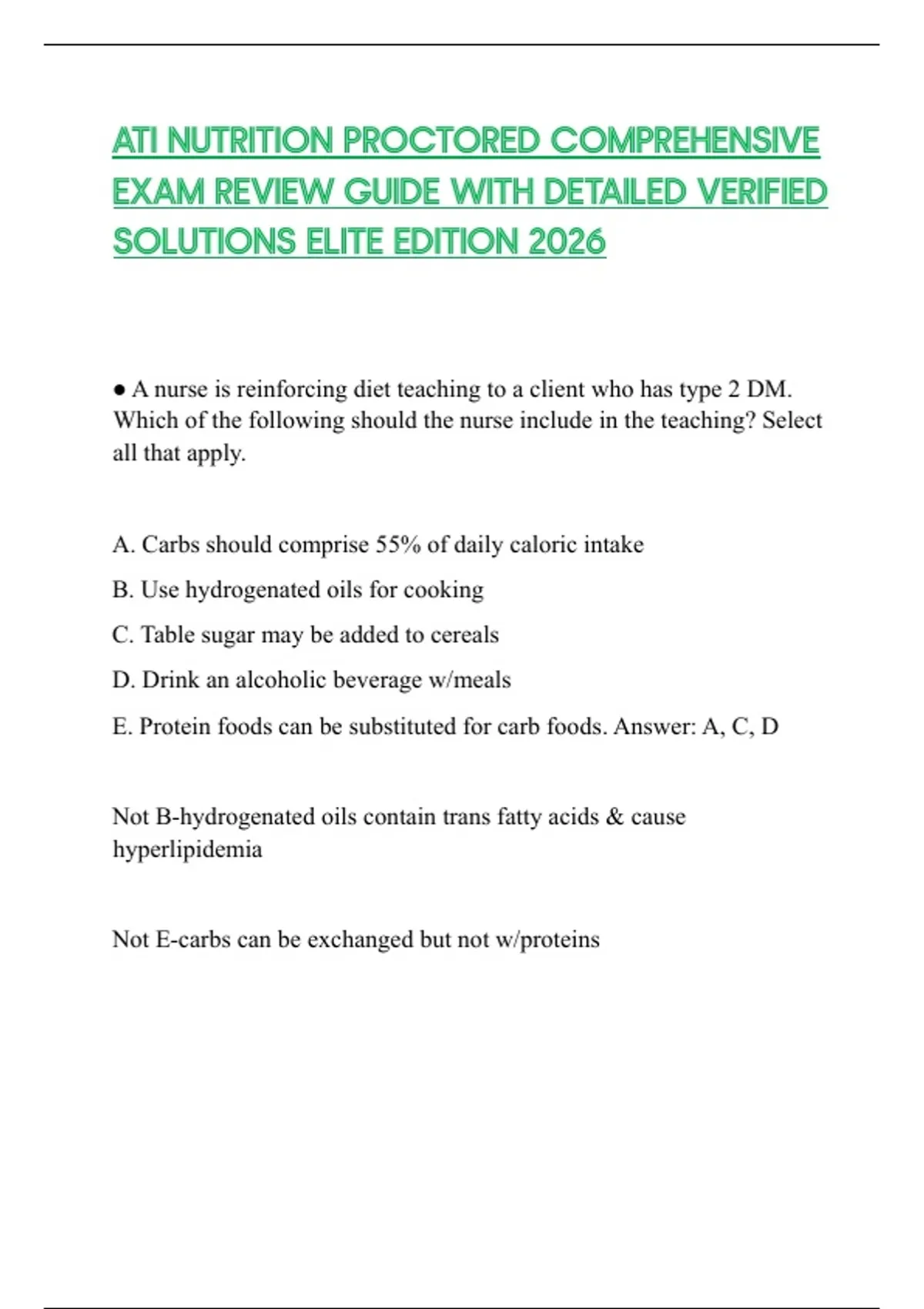 ATI NUTRITION PROCTORED COMPREHENSIVE EXAM REVIEW GUIDE WITH DETAILED ...