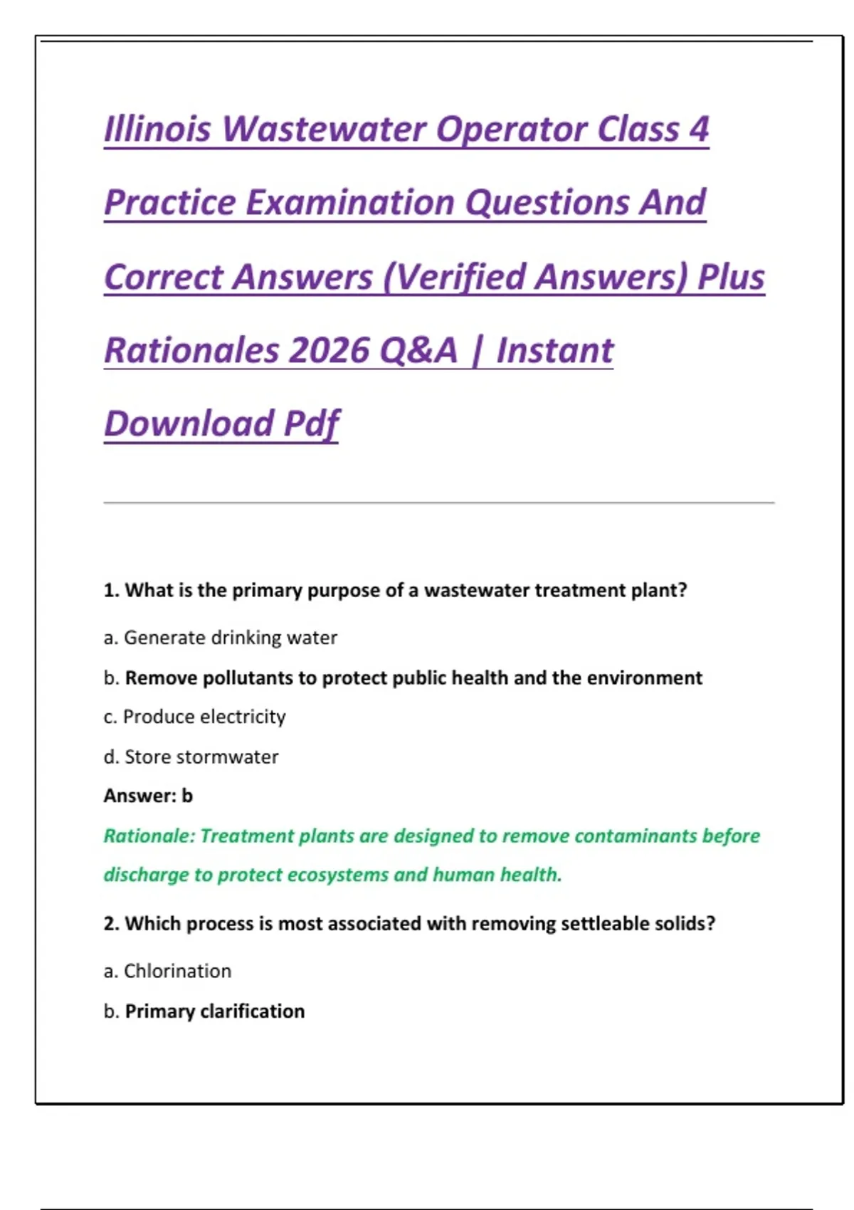 Illinois Wastewater Operator Class 4 Practice Examination Questions And ...