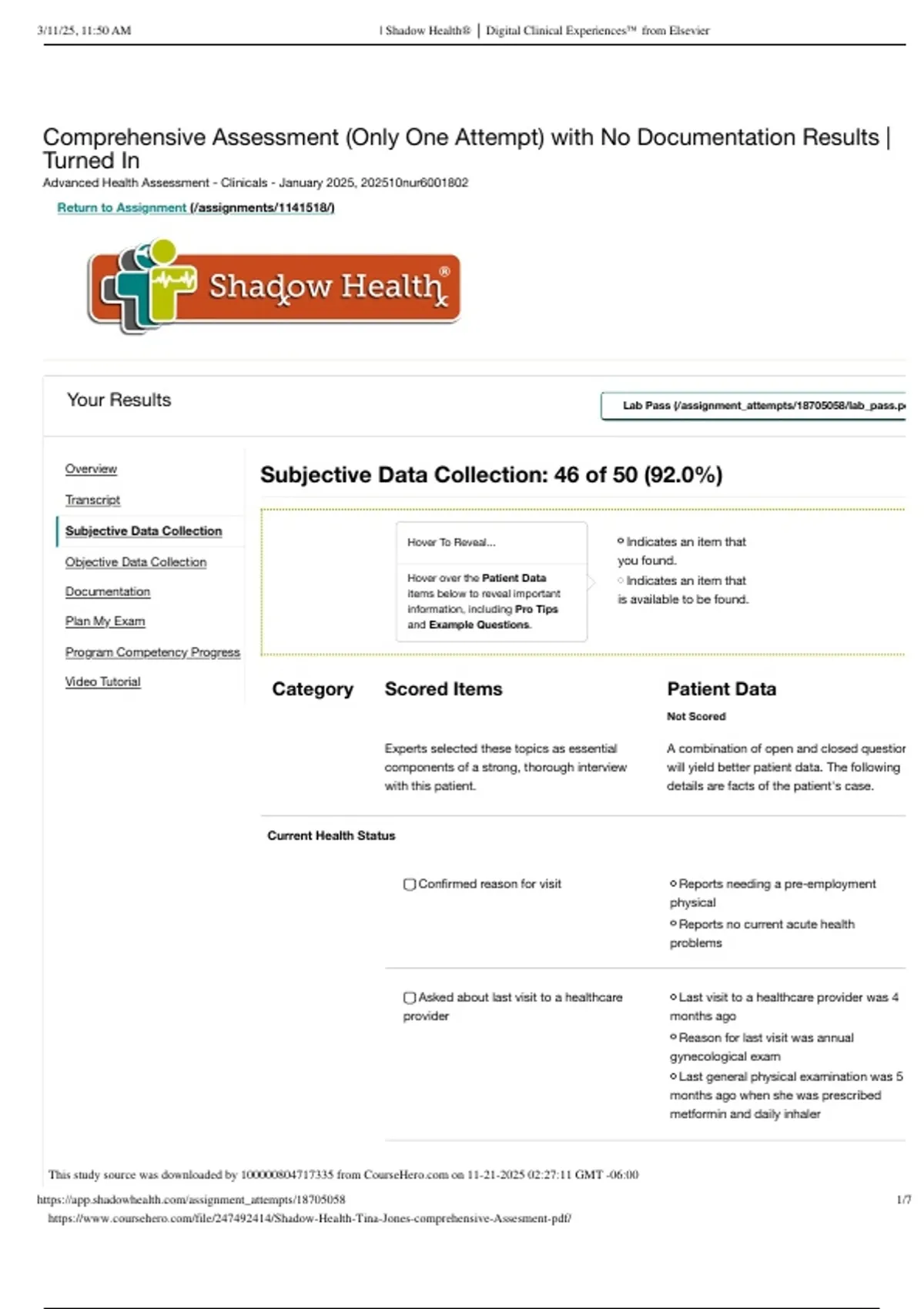 NUR 6001 Shadow Health Tina Jones comprehensive Assessment| Solved - NUR 6001 - Stuvia US