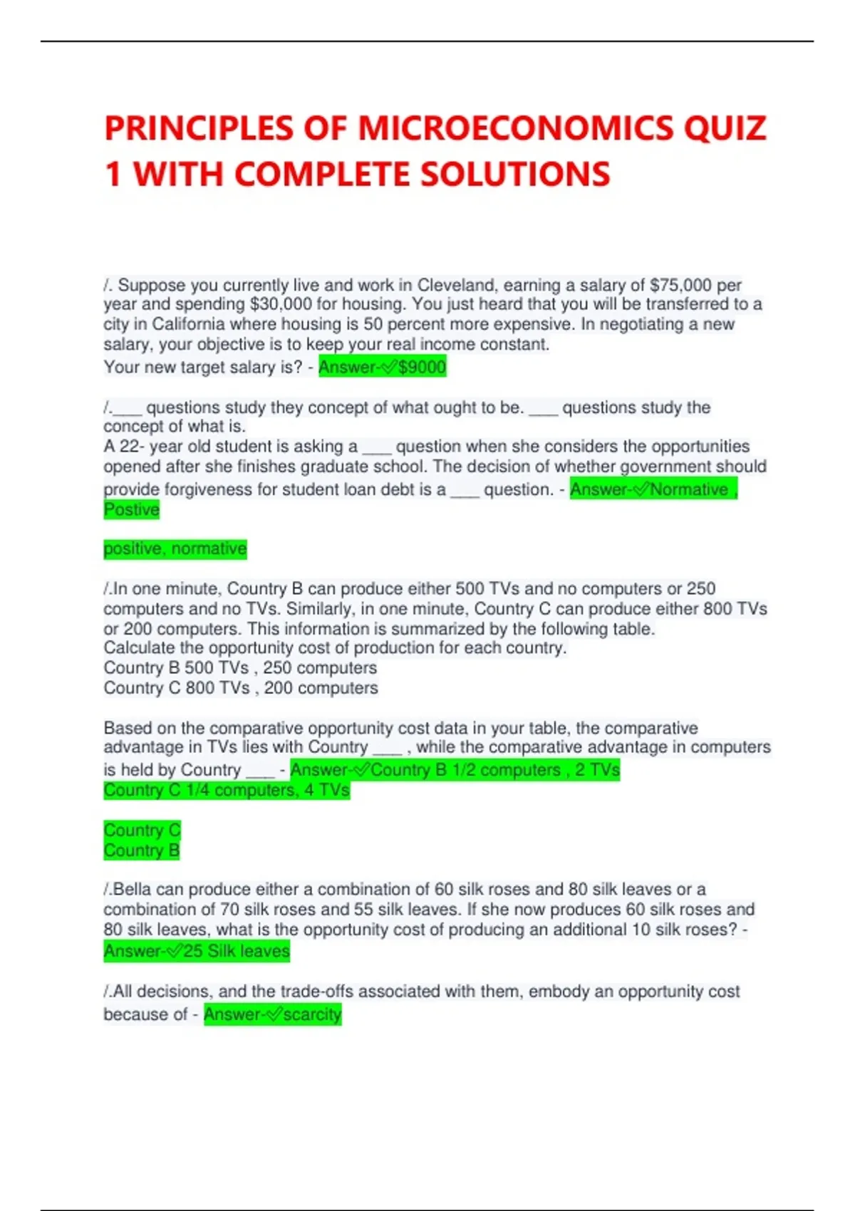 PRINCIPLES OF MICROECONOMICS QUIZ 1 WITH COMPLETE SOLUTIONS ...