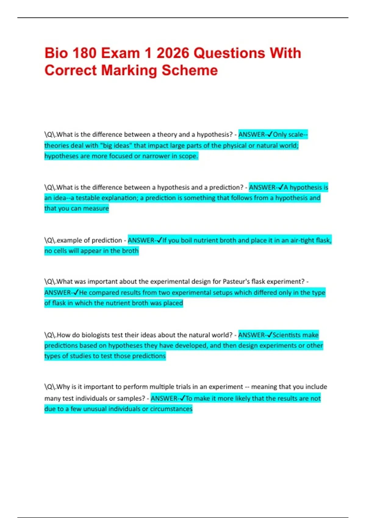 Bio 180 Exam 1 2026 Questions With Correct Marking Scheme - Bio 180 ...