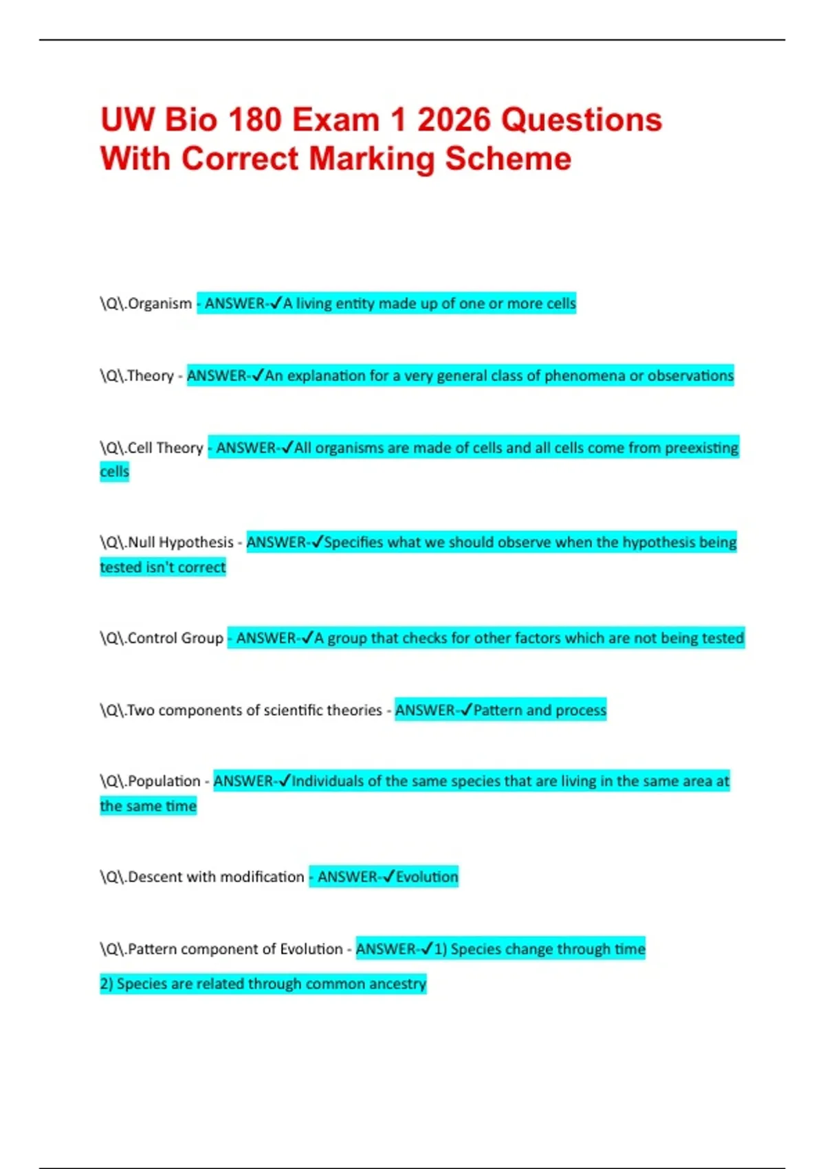 UW Bio 180 Exam 1 2026 Questions With Correct Marking Scheme - Bio 180 ...
