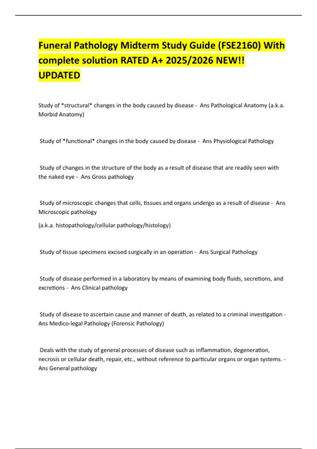 Funeral Pathology Midterm Study Guide (FSE2160) With complete solution ...