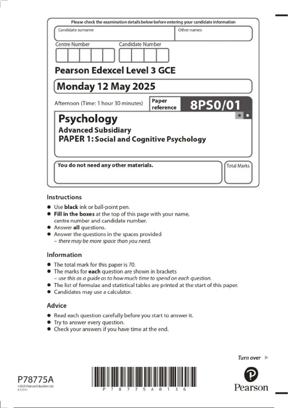 2025 Pearson Edexcel Level 3 GCE Psychology Advanced Subsidiary PAPER 1 ...
