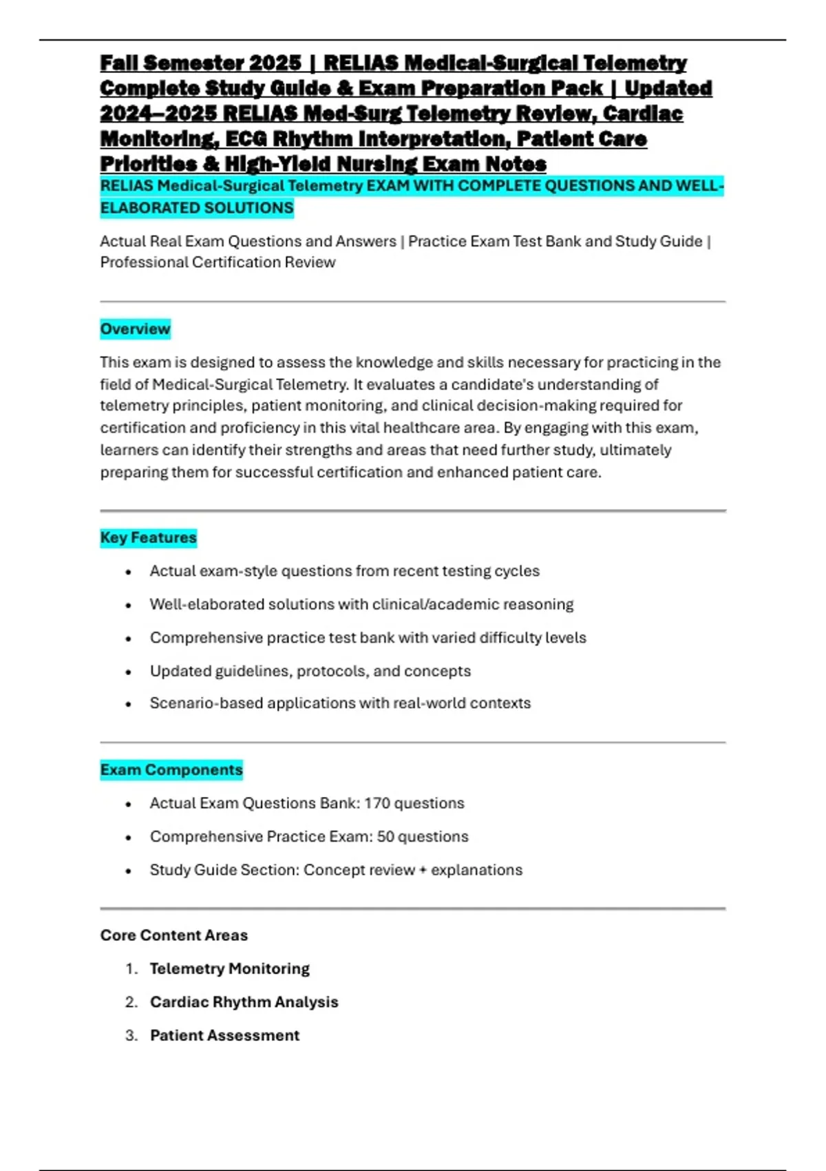 Fall Semester 2025 | RELIAS Medical-Surgical Telemetry Complete Study ...