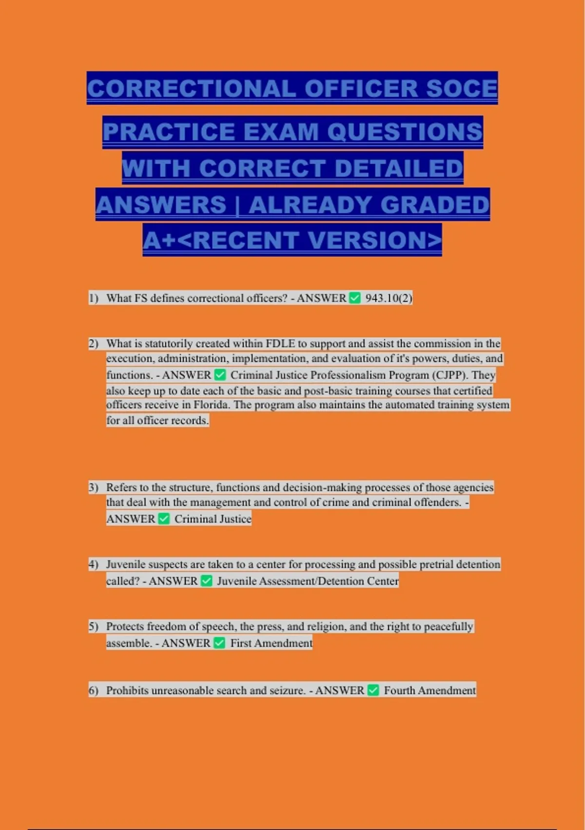 CORRECTIONAL OFFICER SOCE PRACTICE EXAM QUESTIONS WITH CORRECT DETAILED ...