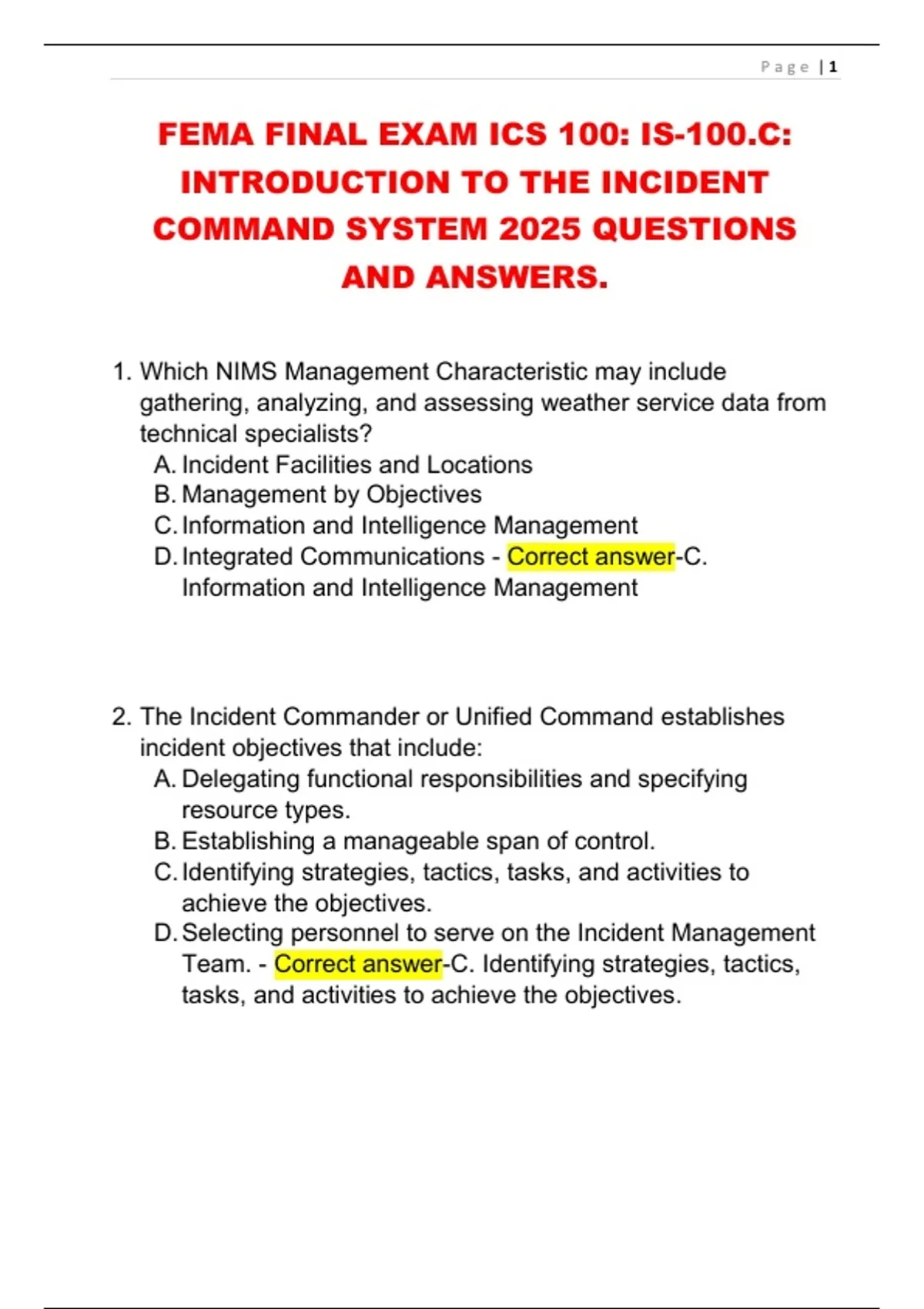 FEMA ICS 100 Final Exam 2025: IS-100.C Introduction to Incident Command ...