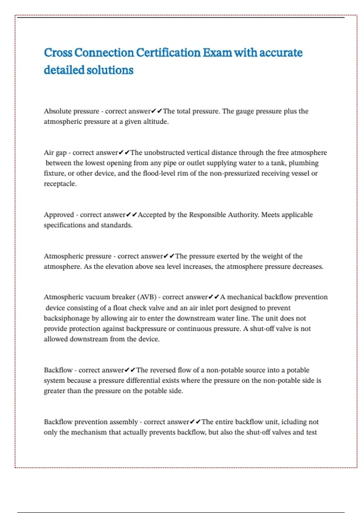 Cross Connection Certification Exam with accurate detailed solutions ...