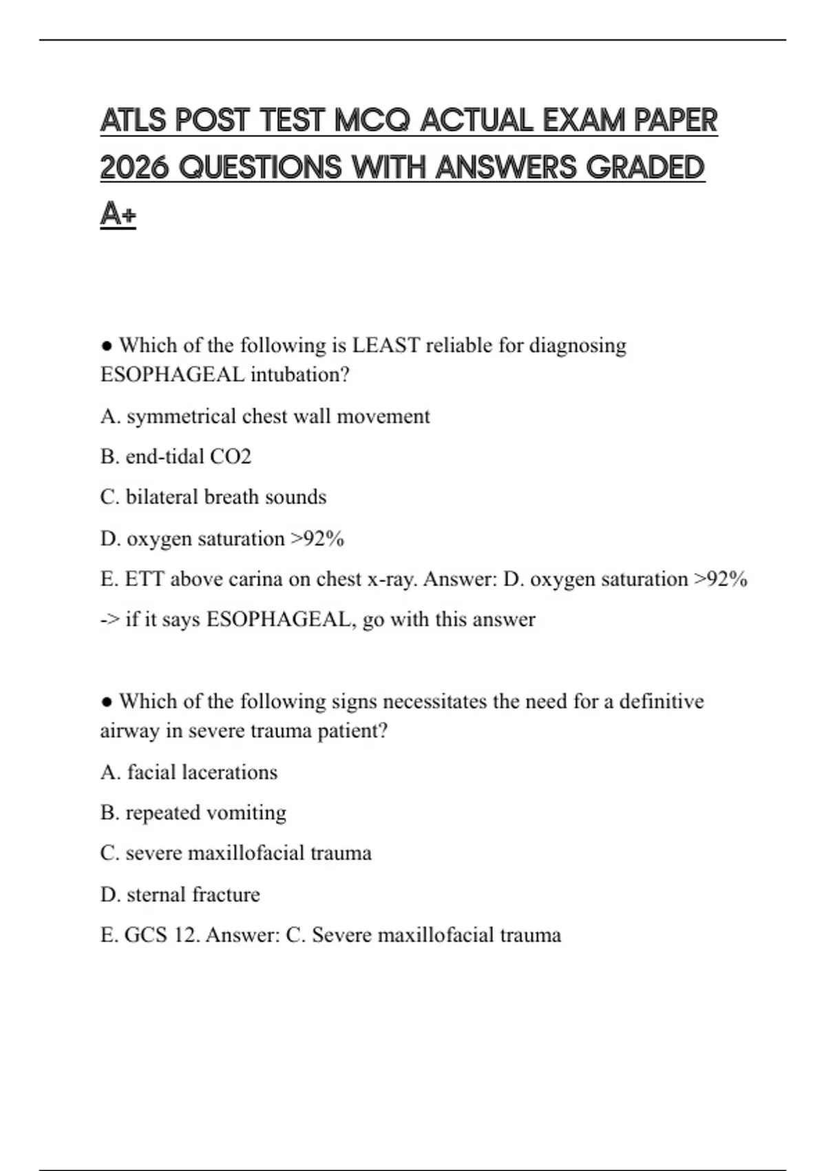 ATLS POST TEST MCQ ACTUAL EXAM PAPER 2026 QUESTIONS WITH ANSWERS GRADED ...