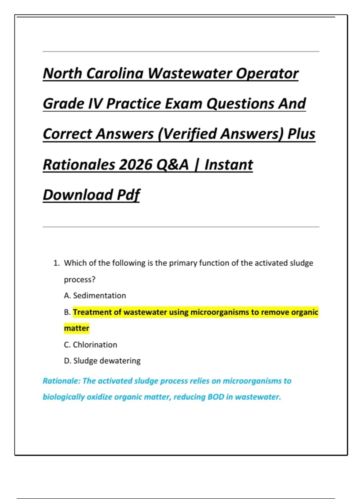 North Carolina Wastewater Operator Grade IV Practice Exam Questions And ...