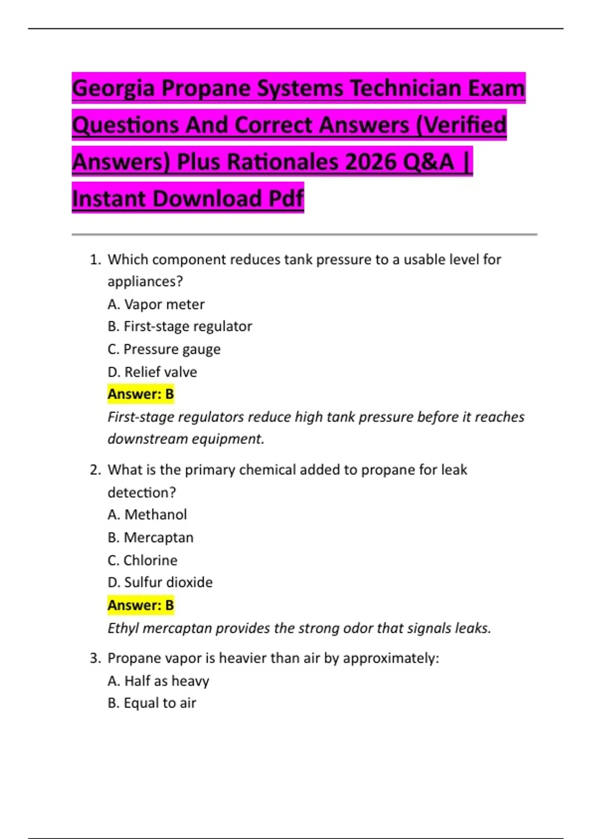 Georgia Propane Systems Technician Exam Questions And Correct Answers ...