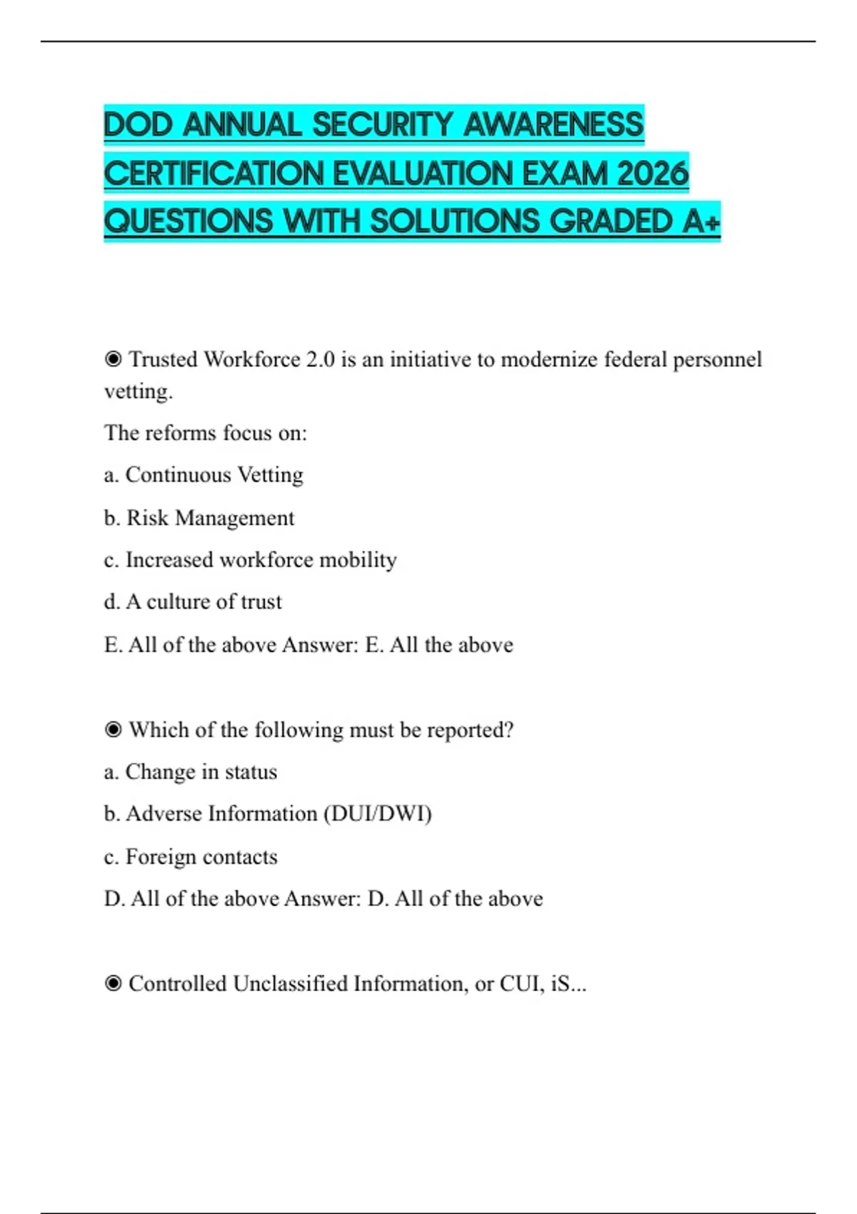 DOD ANNUAL SECURITY AWARENESS CERTIFICATION EVALUATION EXAM 2026 ...