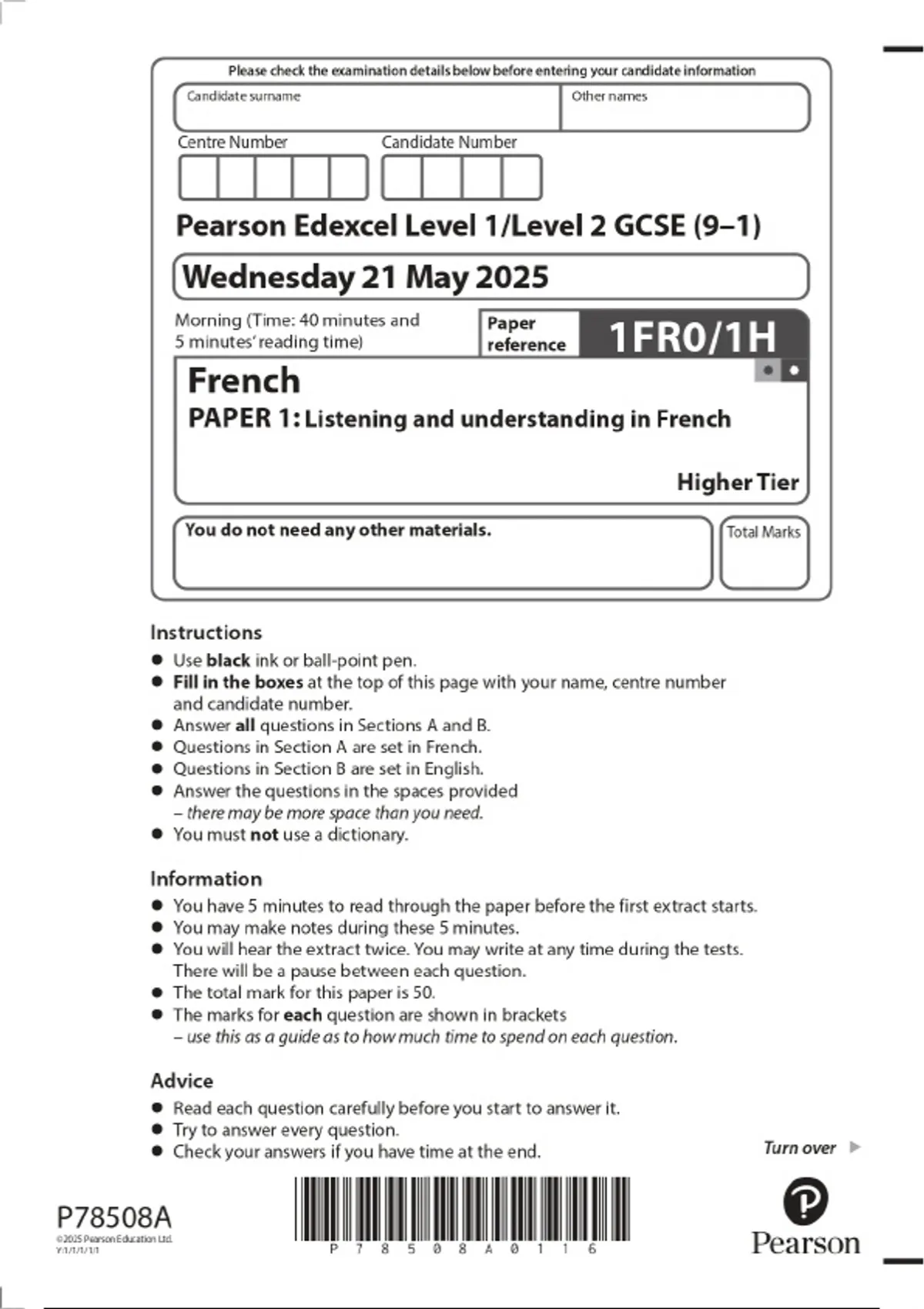 2025 Pearson Edexcel Level 1/Level 2 GCSE (9–1) French PAPER 1 ...