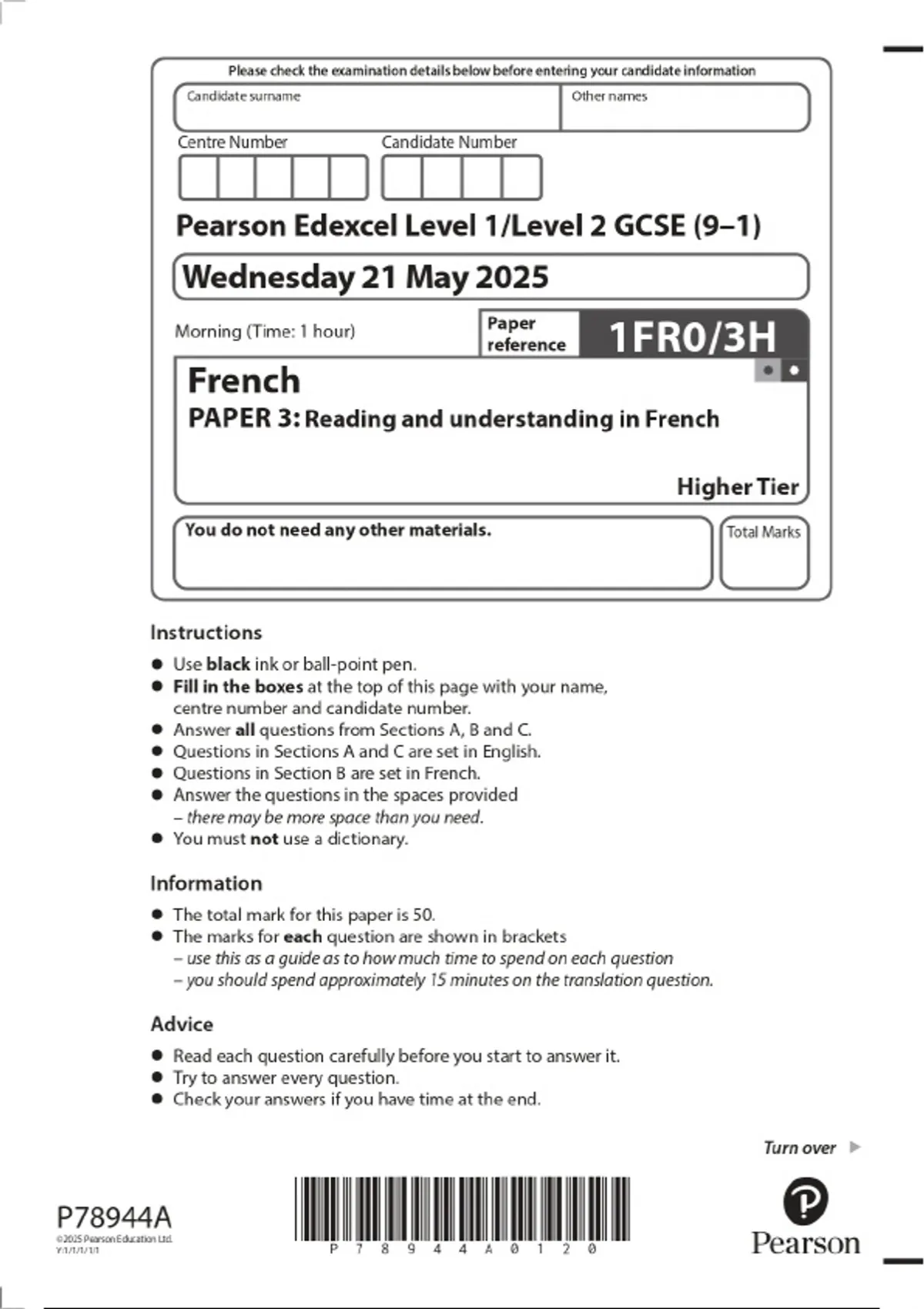 2025 Pearson Edexcel Level 1/Level 2 GCSE (9–1) French PAPER 3: Reading ...