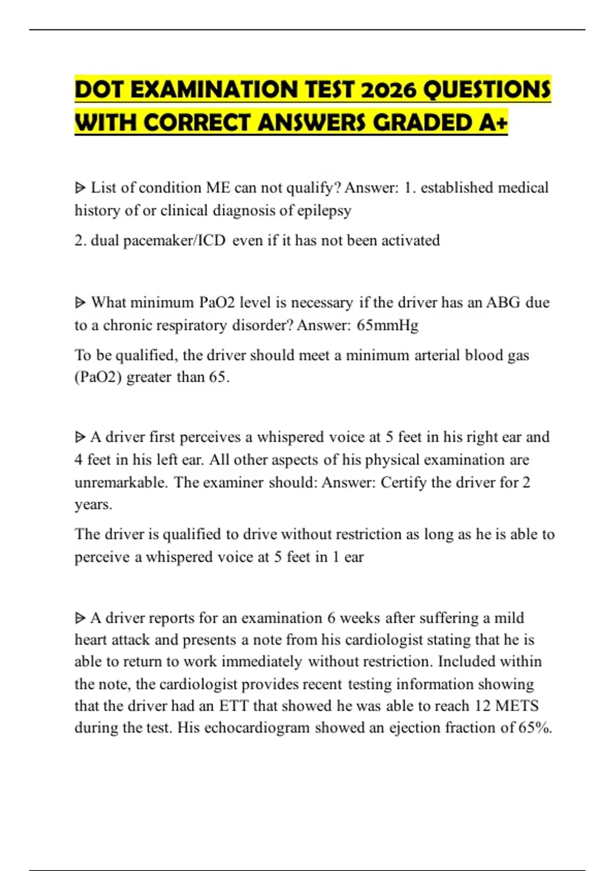 DOT EXAMINATION TEST 2026 QUESTIONS WITH CORRECT ANSWERS GRADED A+ ...