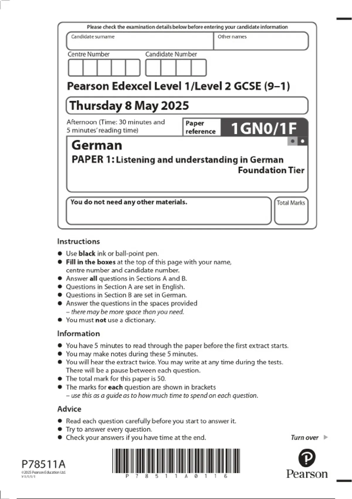 2025 Pearson Edexcel Level1/Level 2 GCSE (9–1) German PAPER 1 ...