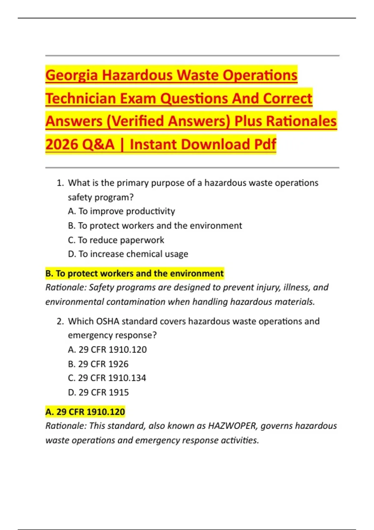 Georgia Hazardous Waste Operations Technician Exam Questions And ...