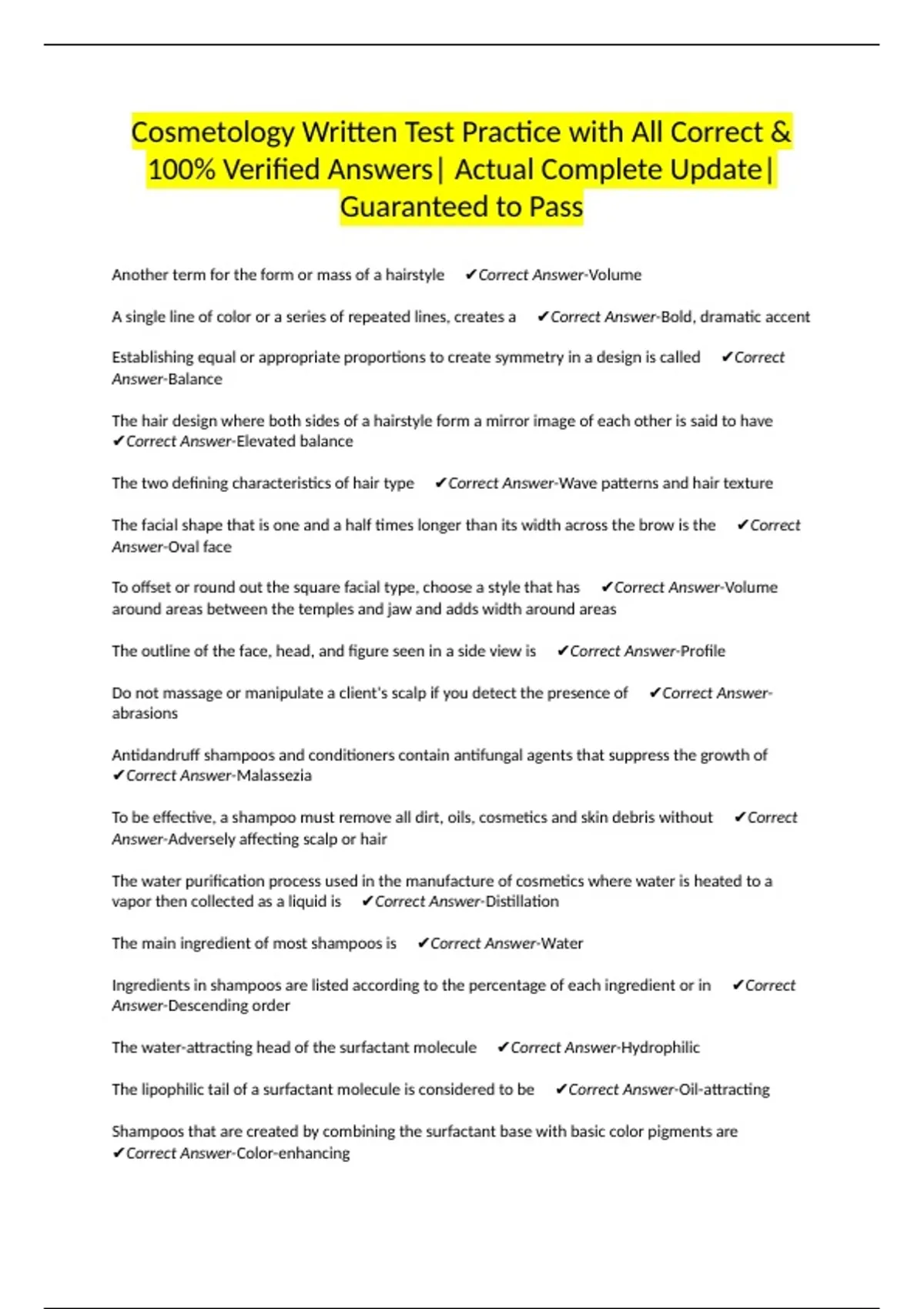 Cosmetology Written Test Practice with All Correct & 100% Verified ...