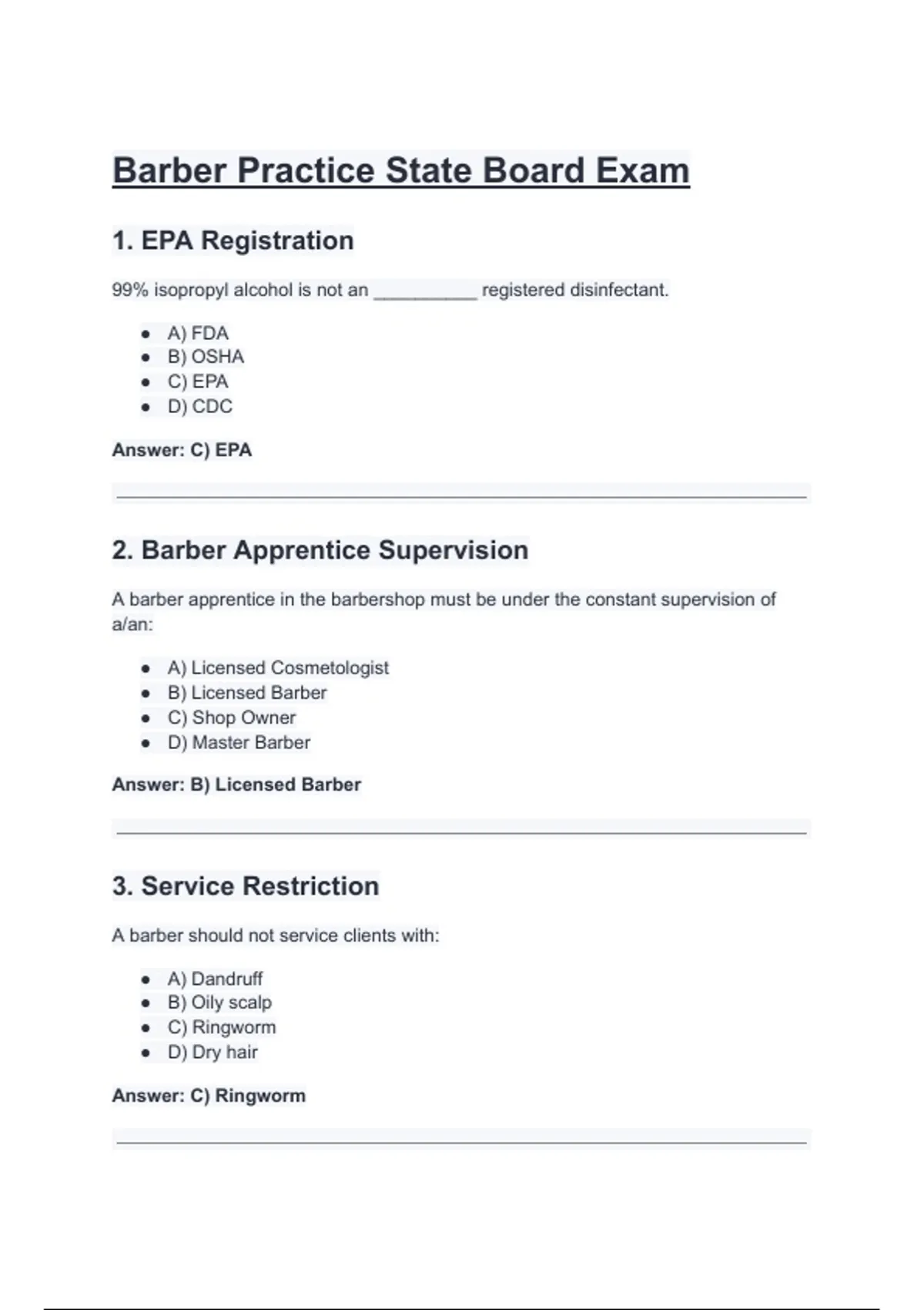 Barber Practice State Board Exam Questions with correct Answers (A+ ...