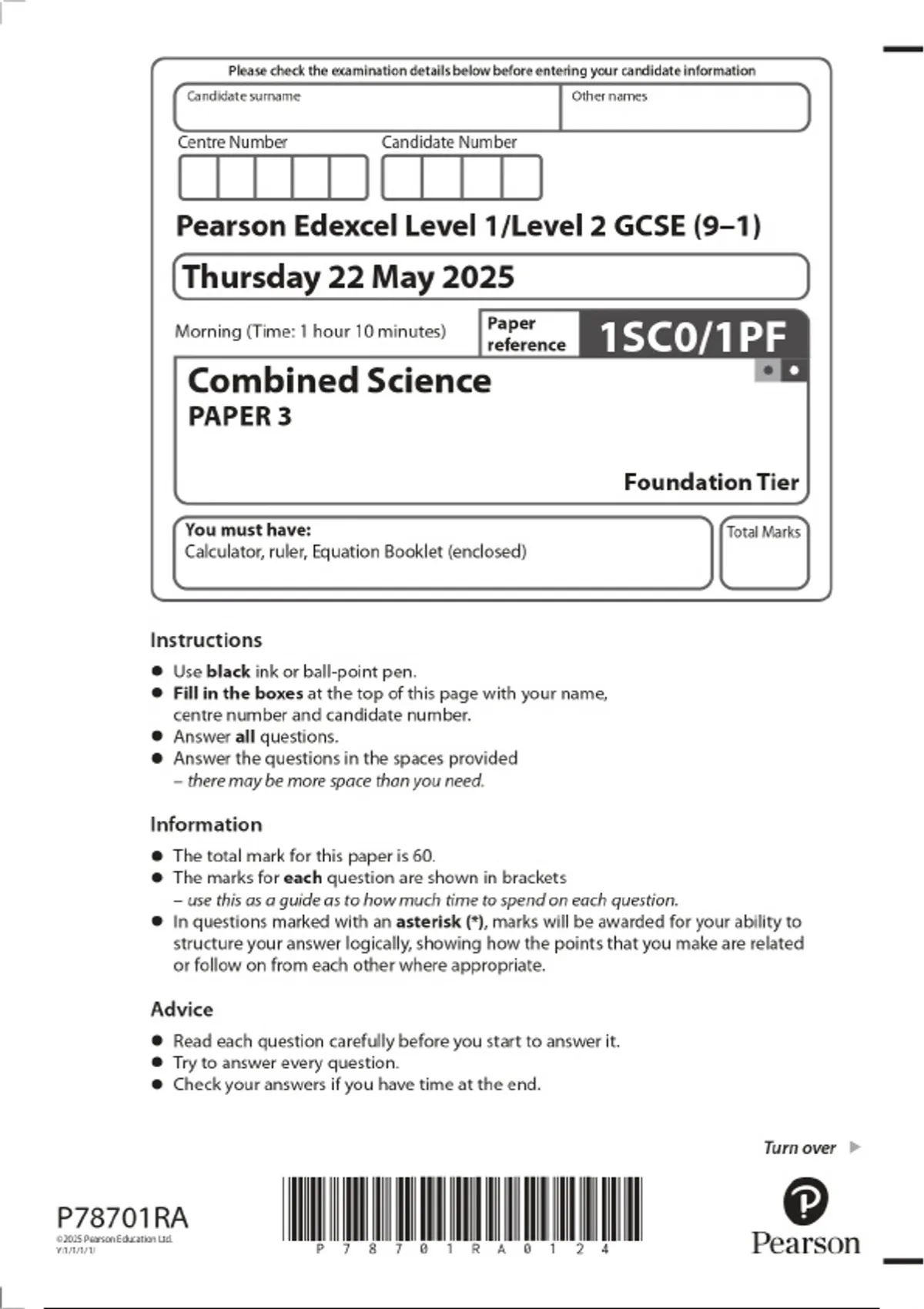 2025 Pearson Edexcel Level 1/Level 2 GCSE (9–1) Combined Science Paper ...