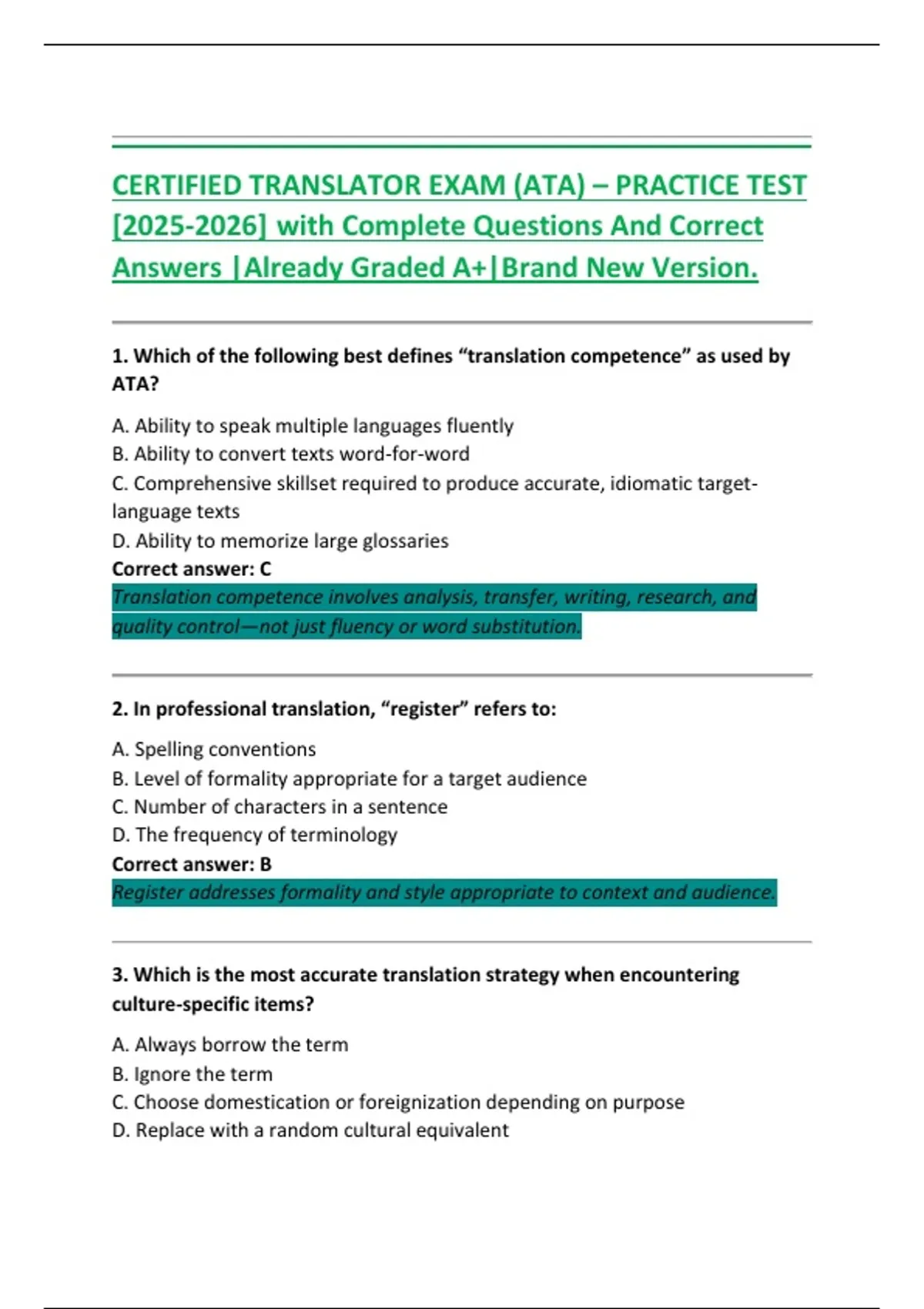 ERTIFIED TRANSLATOR EXAM (ATA) – PRACTICE TEST [] with Complete ...