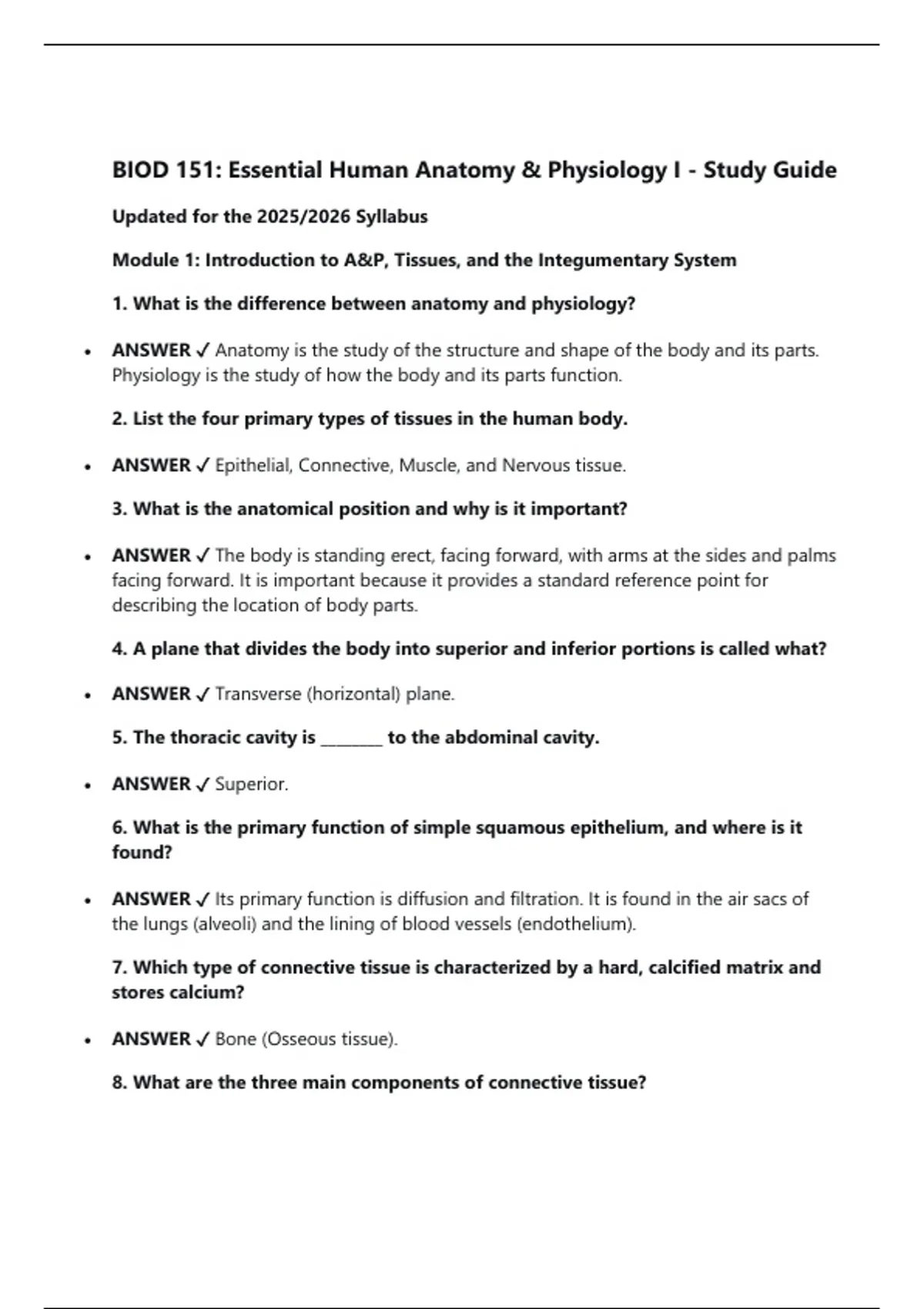 BIOD 151: Essential Human Anatomy & Physiology I - Study Guide Updated ...