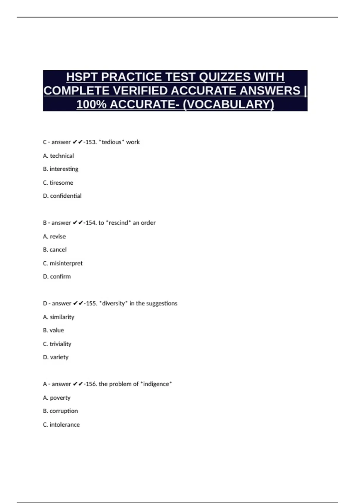 HSPT PRACTICE TEST QUIZZES WITH COMPLETE VERIFIED ACCURATE ANSWERS ...