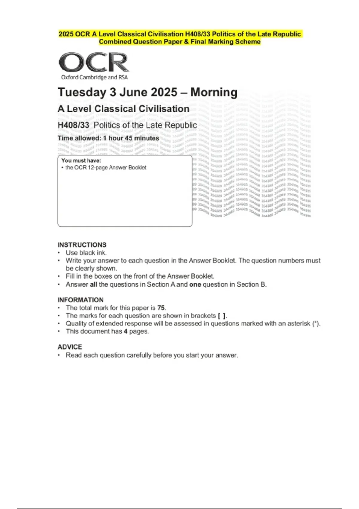 2025 OCR A Level Classical Civilisation H408/33 Politics of the Late ...