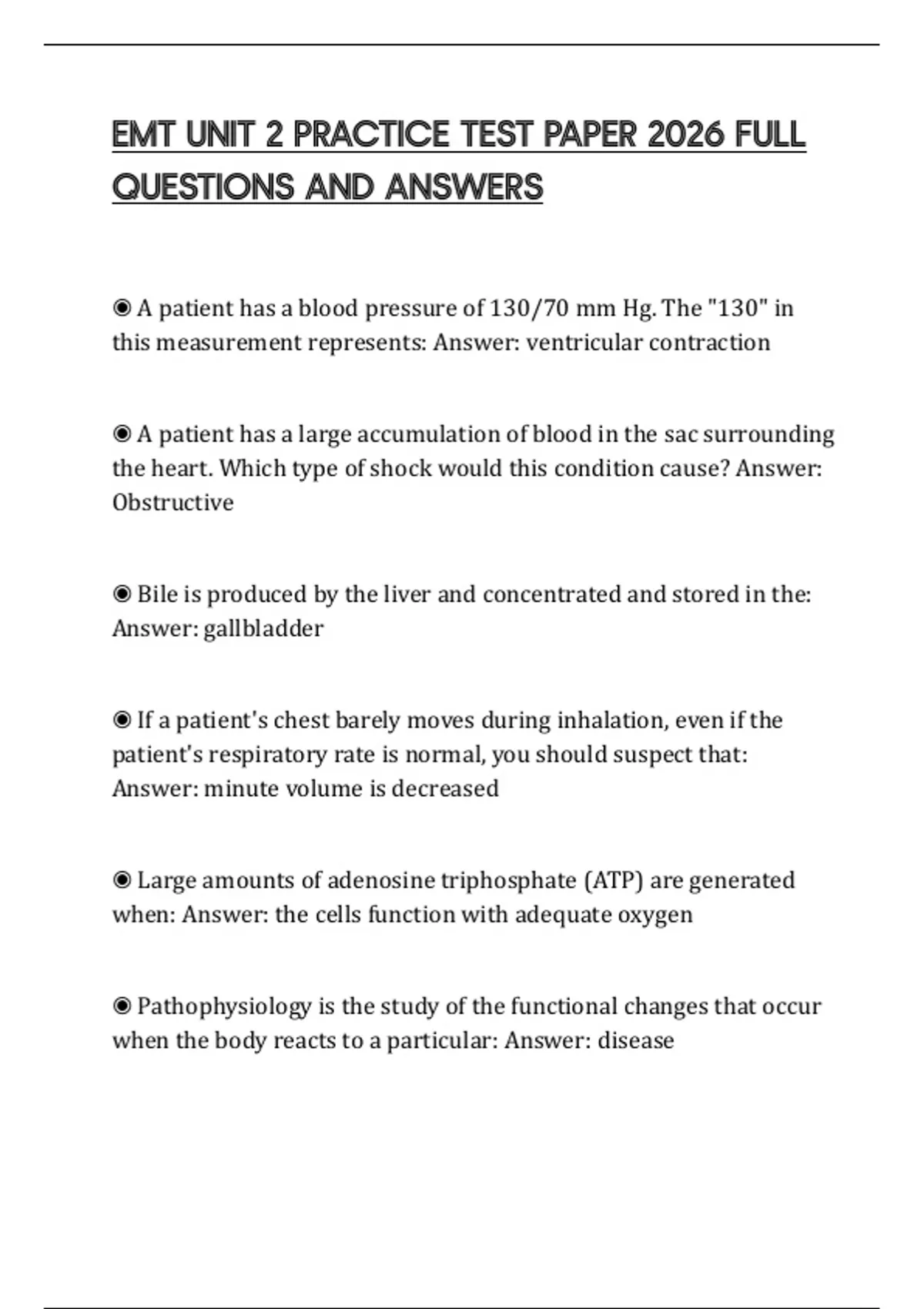 EMT UNIT 2 PRACTICE TEST PAPER 2026 FULL QUESTIONS AND ANSWERS - EMT ...