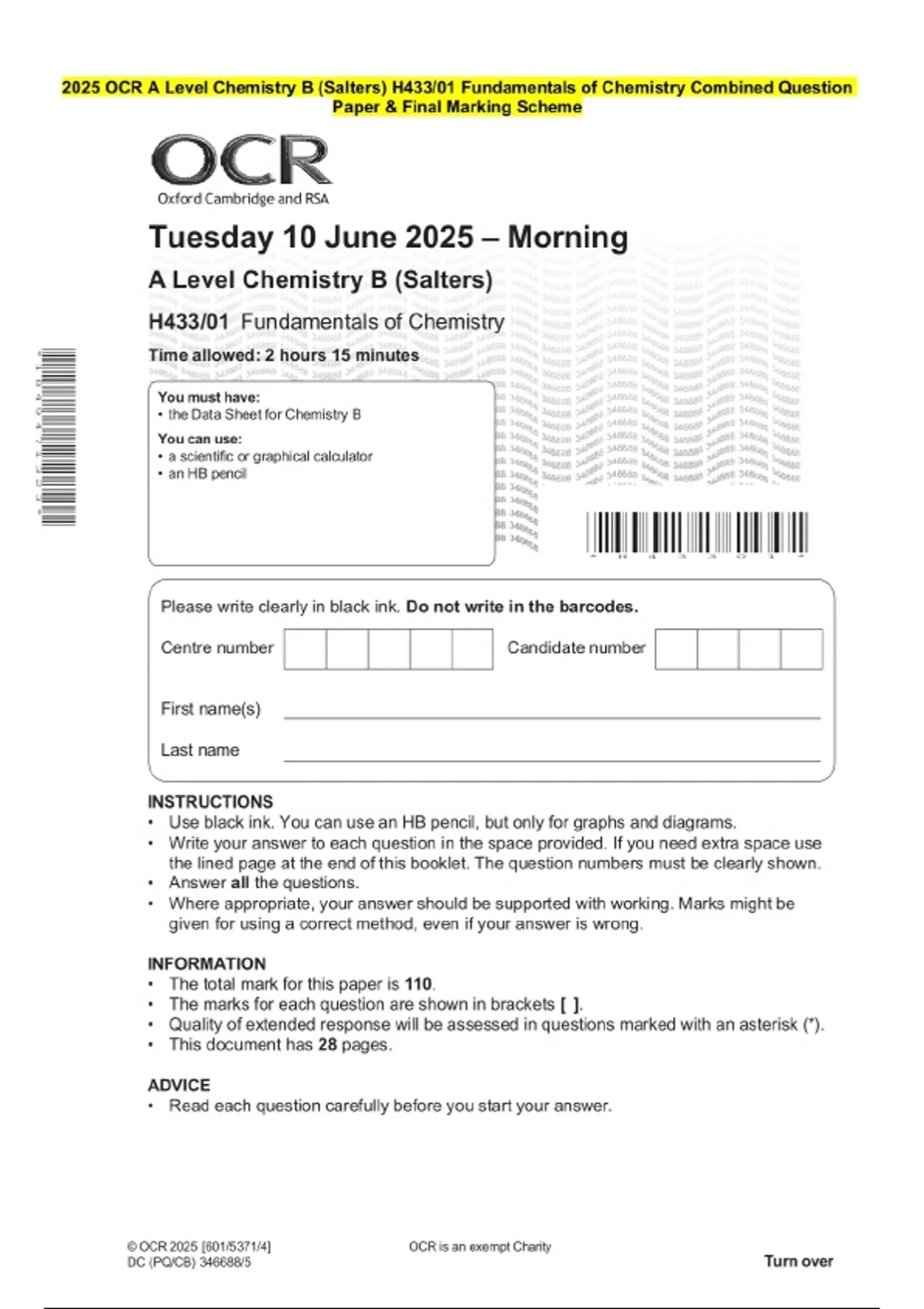 2025 OCR A Level Chemistry B (Salters) H433/01 Fundamentals of ...