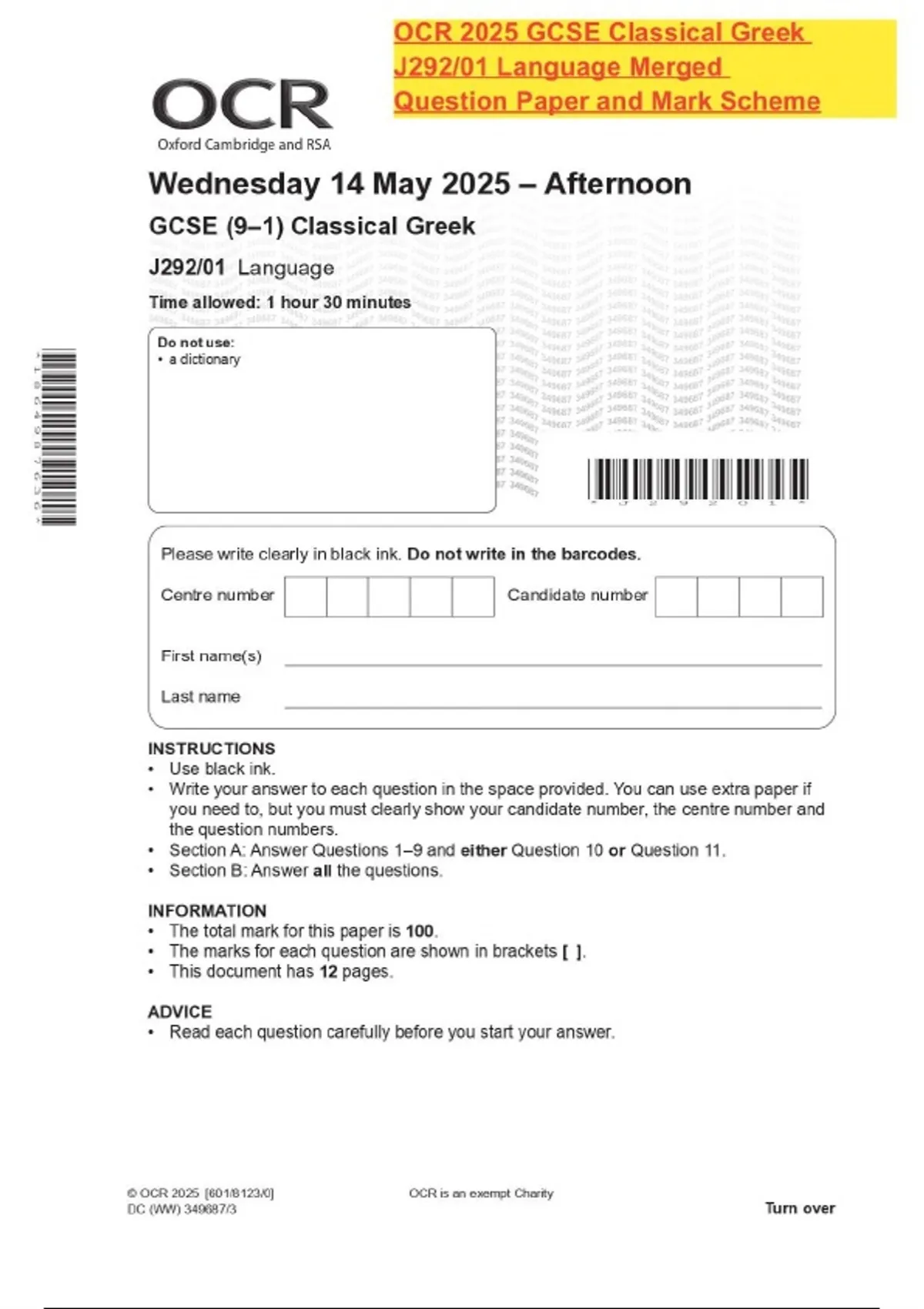 OCR 2025 GCSE Classical Greek J292/01 Language Merged Question Paper ...