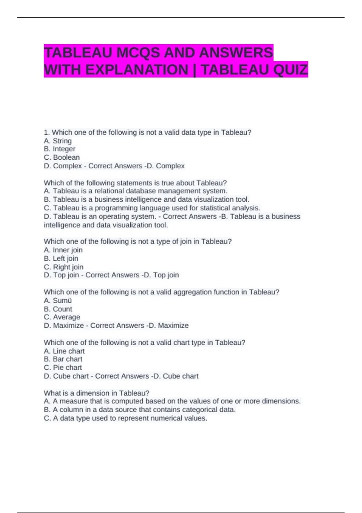 TABLEAU MCQS AND ANSWERS WITH EXPLANATION TABLEAU QUIZ QUESTIONS WITH ...