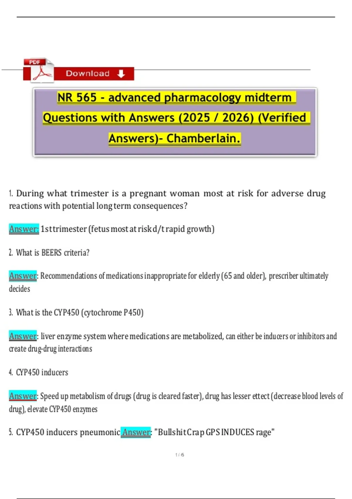 NR 565 - advanced pharmacology midterm Questions with Answers (2025 / ...
